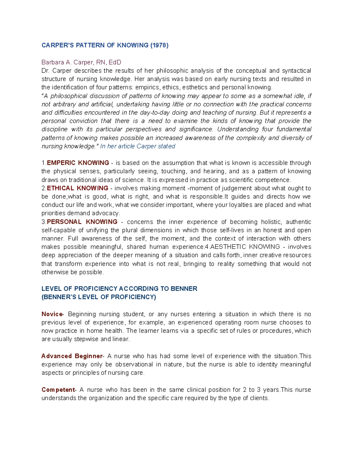 NUR 101: Patterns of Knowing and Nursing Proficiency Overview - Studocu