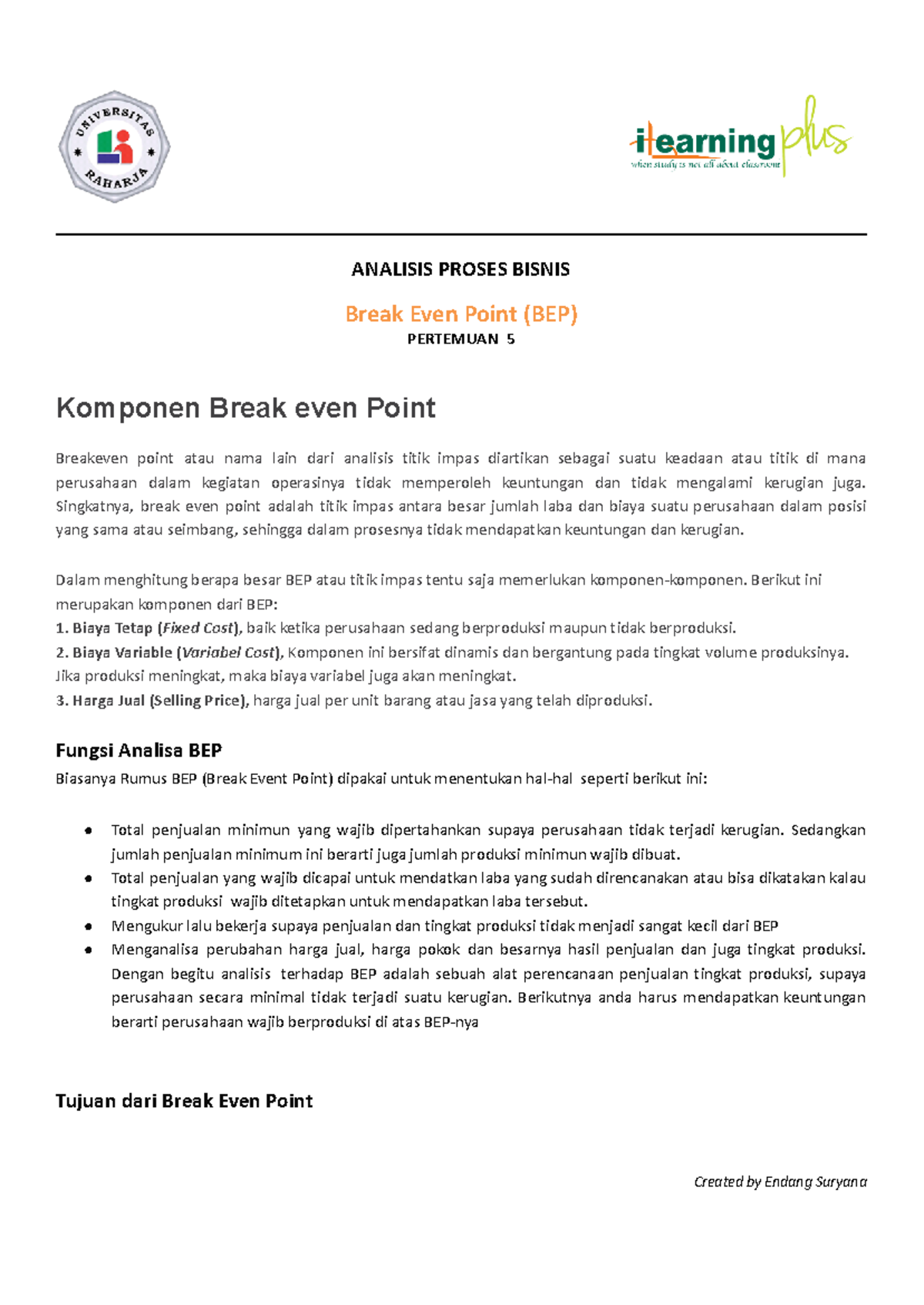 Analisis Break Even Point (BEP) - Pertemuan APB-5 - Studocu