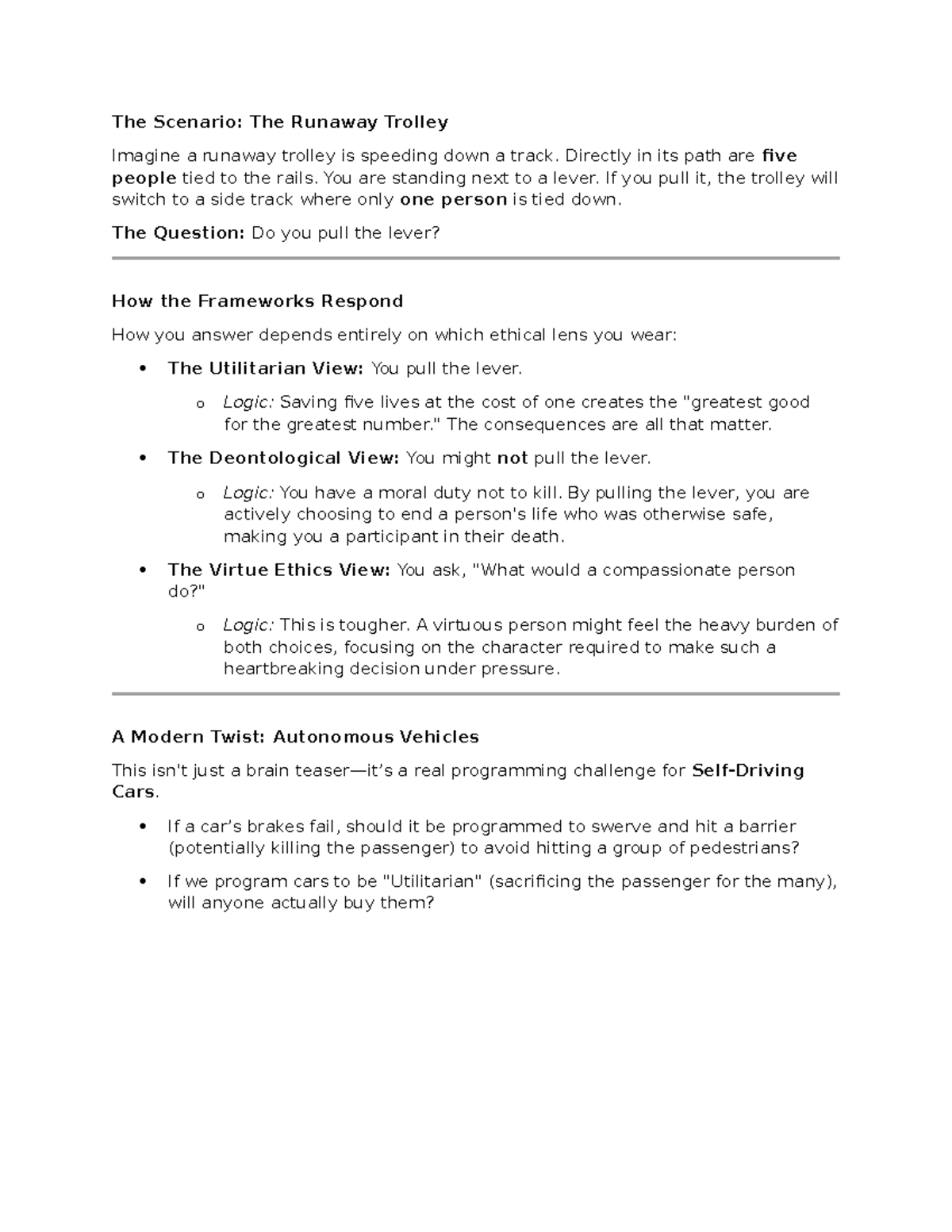 Case Study 1: Ethical Dilemmas in the Runaway Trolley Scenario - Studocu