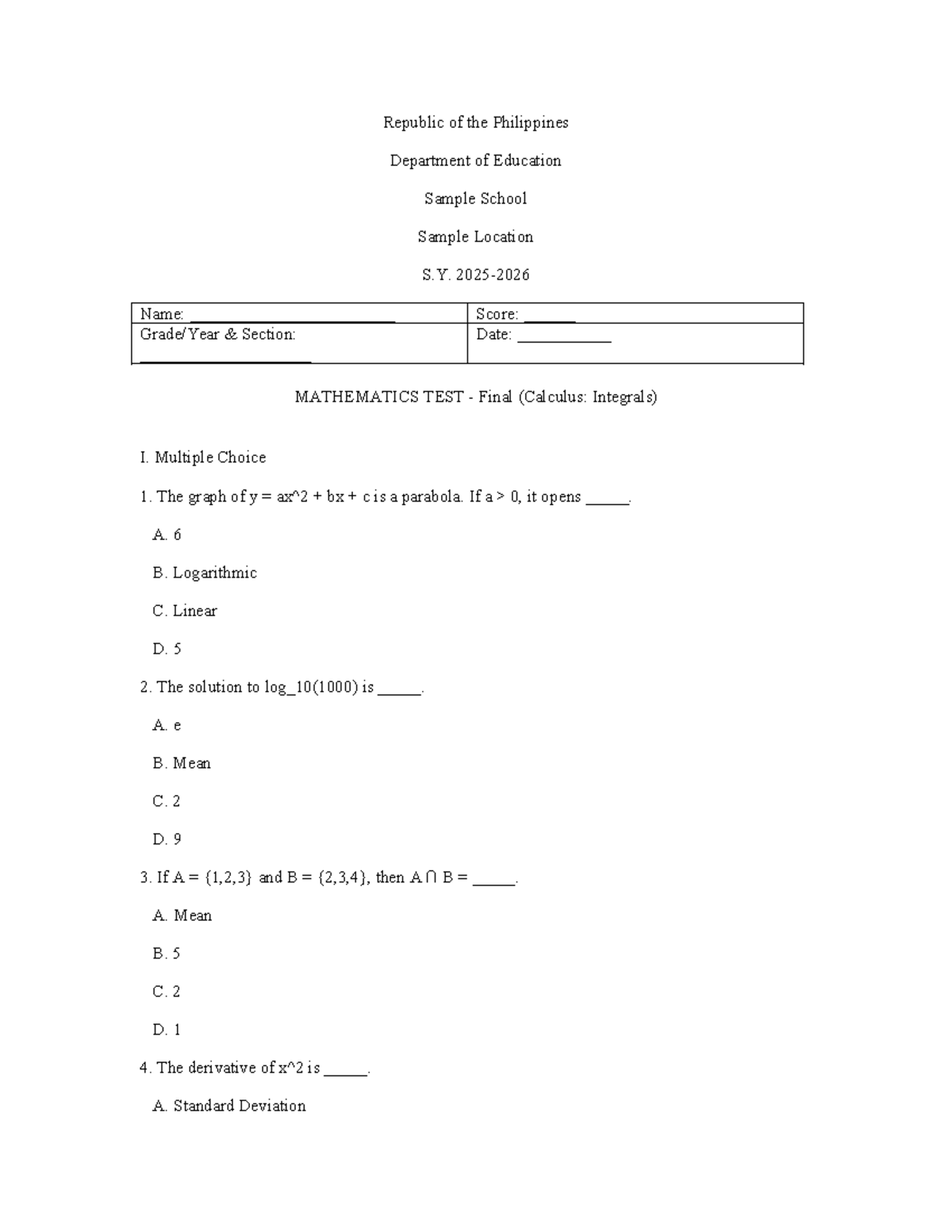 MATH 164 Final Exam: Calculus Integrals Test Spring 2025 - Studocu