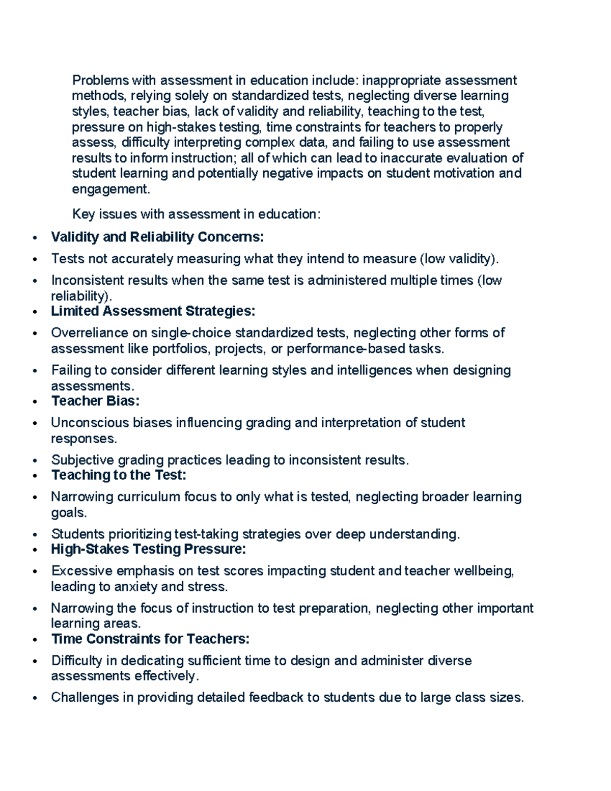 Unfair- Assessment - Summary General Education - Problems with ...