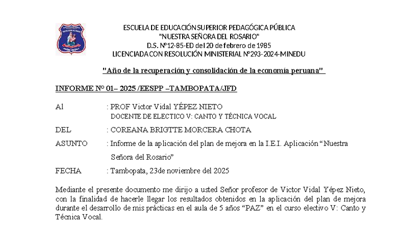 Informe de Prácticas en Canto y Técnica Vocal - Electivo V - Studocu