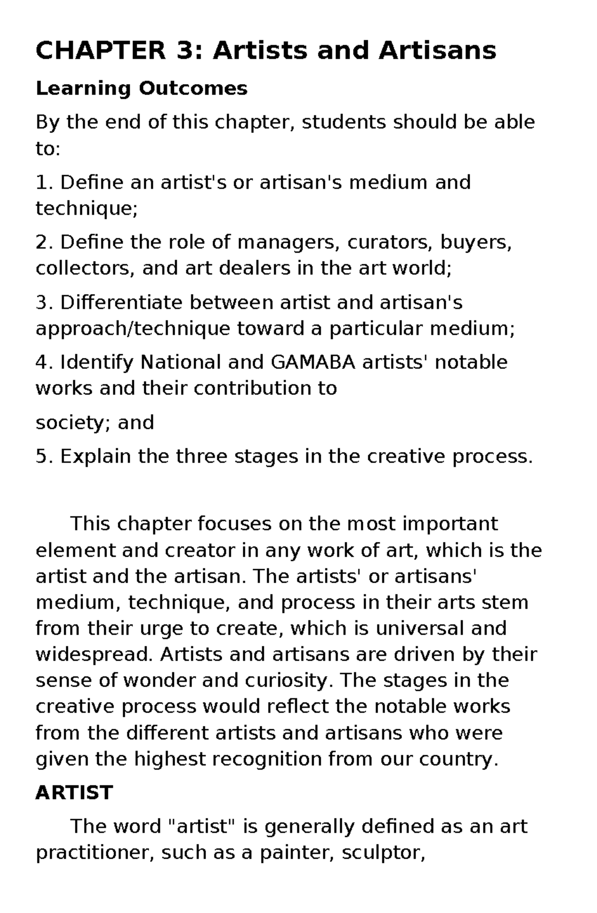 CHAPTER 3: Creative Process & Roles of Artists and Artisans - Studocu