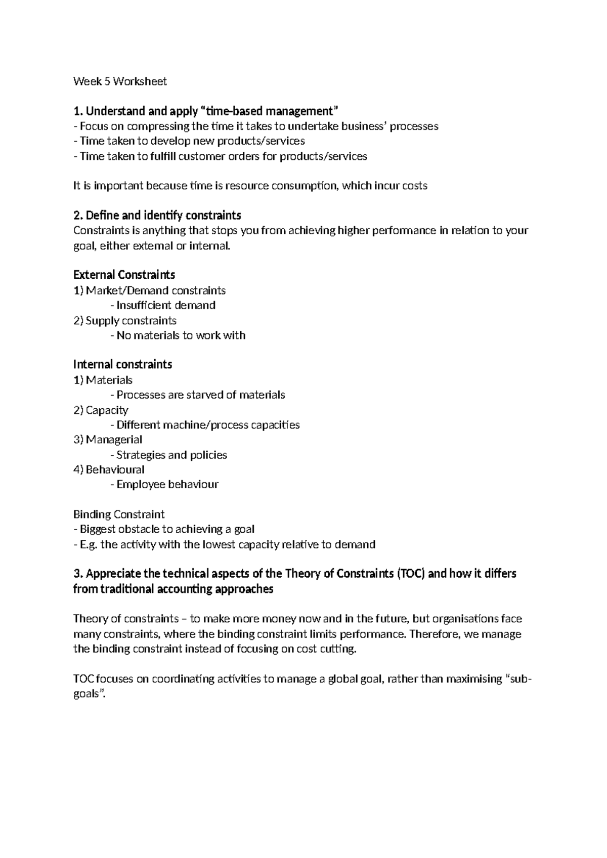 ACCT2522 Week 5 Notes: Time-Based Management & Constraints - Studocu