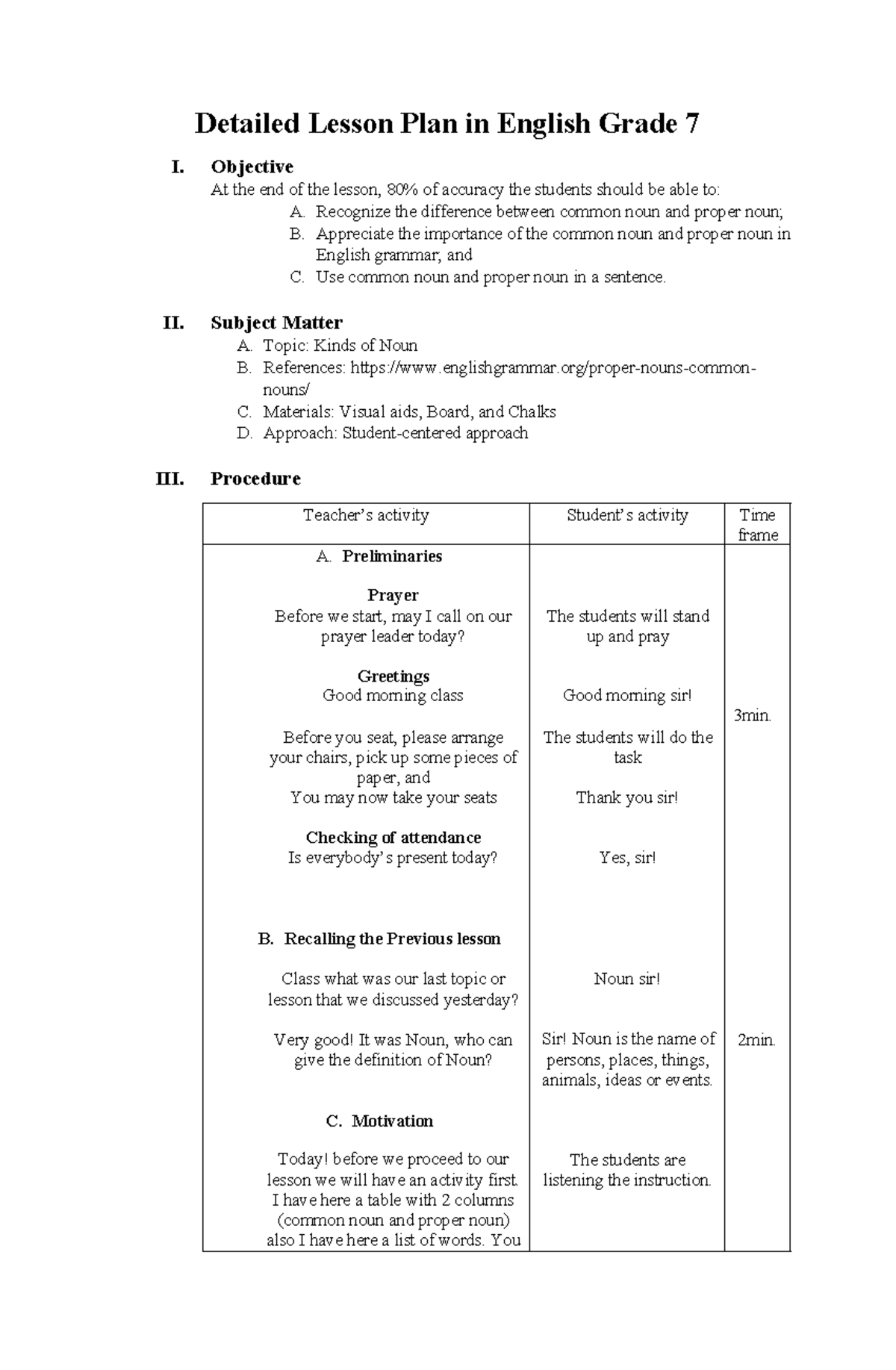 Detailed Lesson Plan on Common and Proper Nouns for English 7 - Studocu