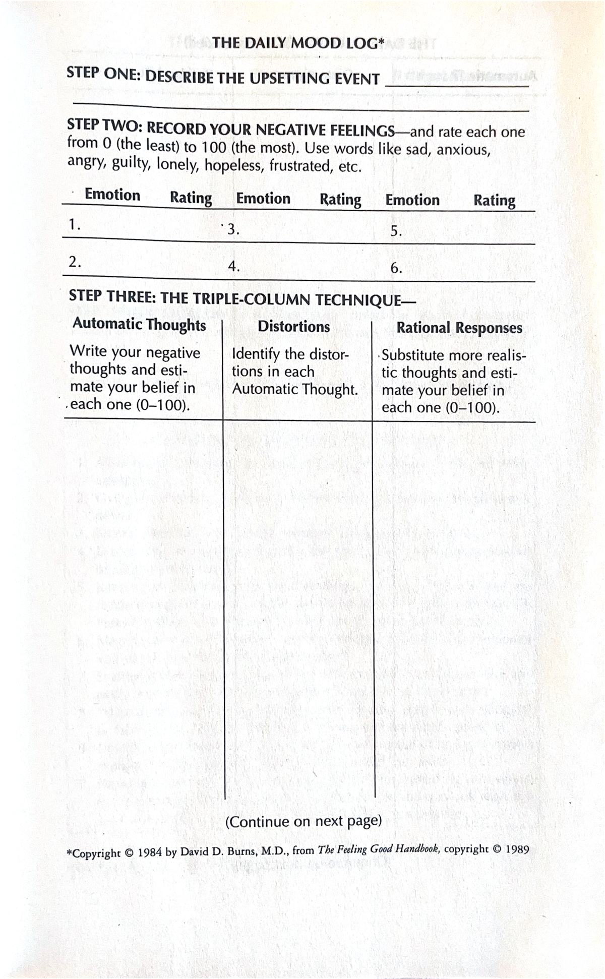 CBT - Mood Log, Cognitive Distortions - THE DAILY MOOD STEP ONE ...