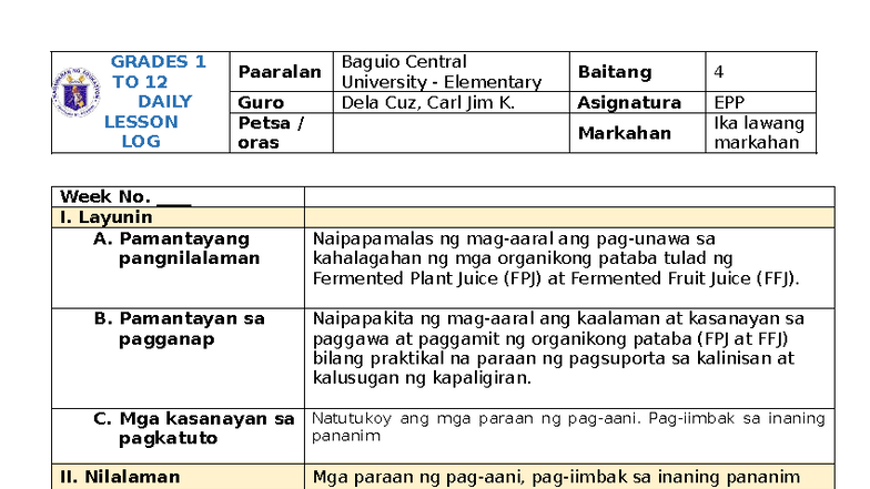Epp Grade 4 - lesson plan - GRADES 1 TO 12 DAILY LESSON LOG Paaralan Baguio Central University ...