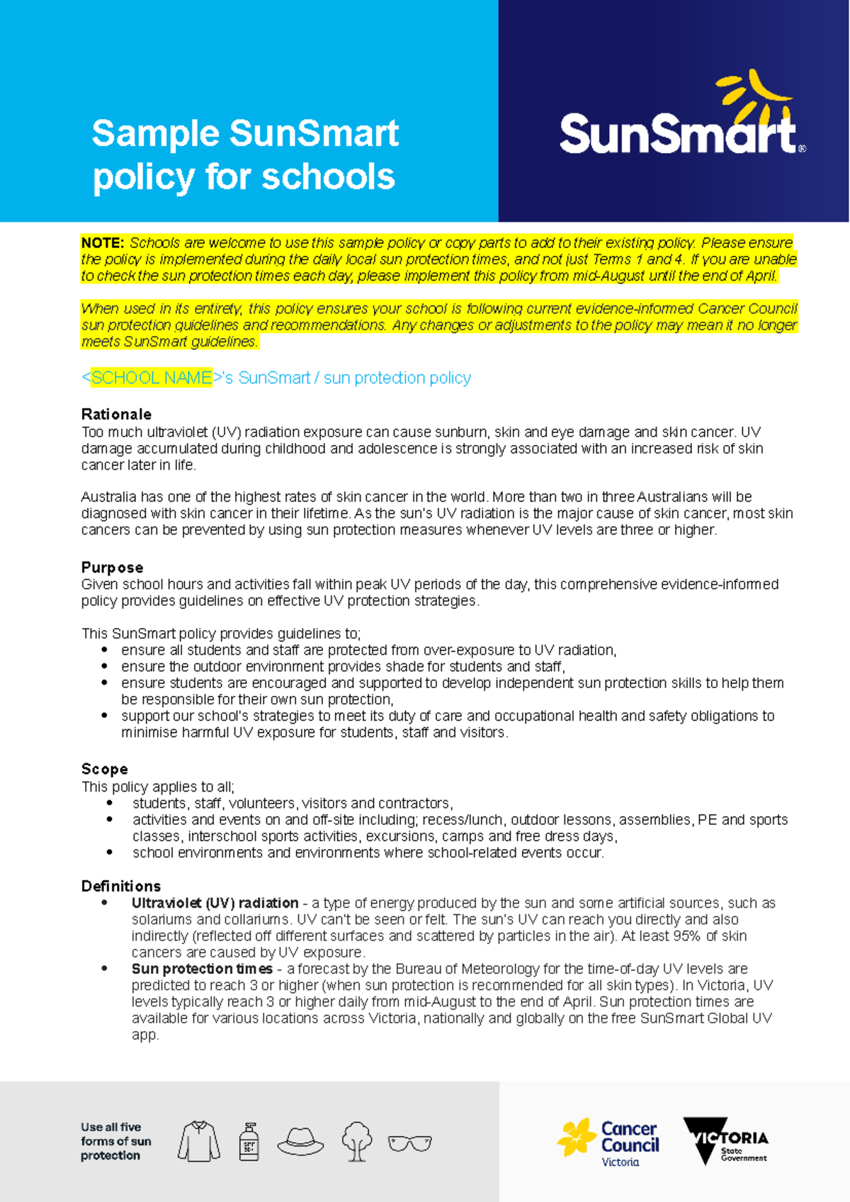 School sample sunsmart policy - NOTE: Schools are welcome to use this ...
