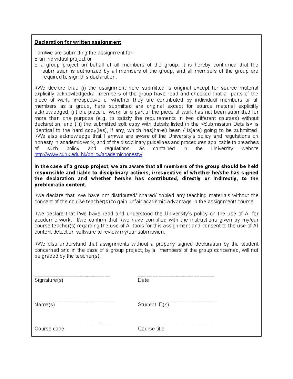 MAEG4030 Assignment 1 Declaration and Submission Guidelines - Studocu