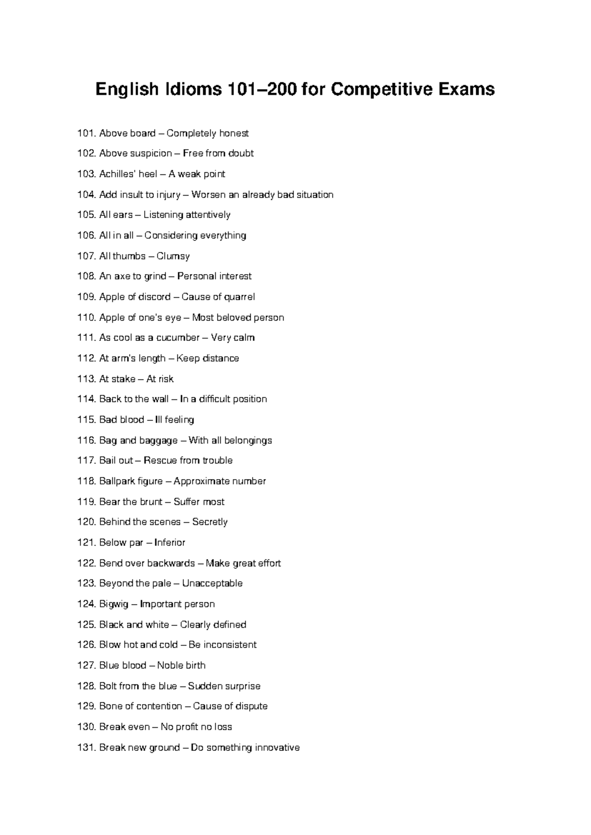 English Idioms 101-200 for Competitive Exams - Studocu