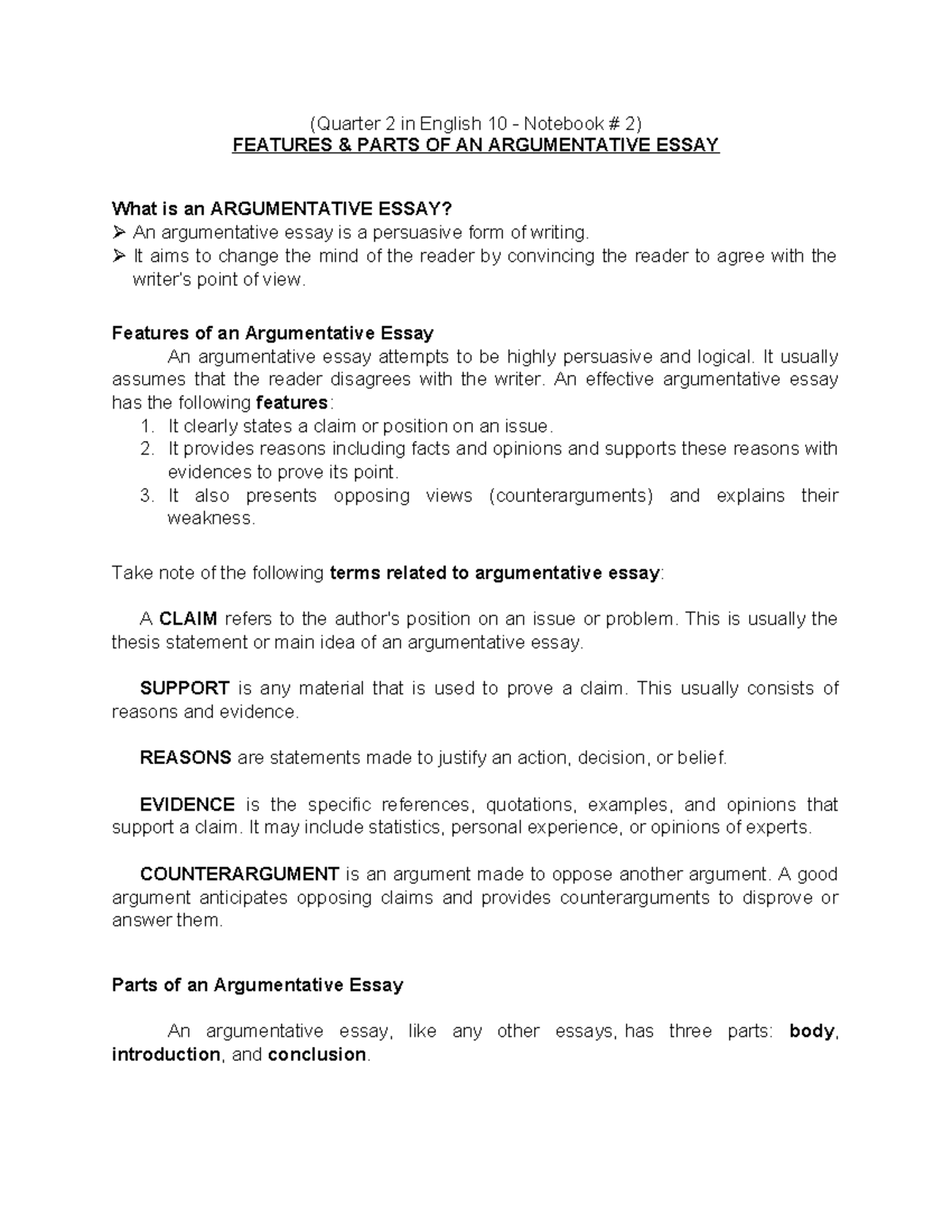 Quarter 2 English 10: Features & Parts of an Argumentative Essay - Studocu