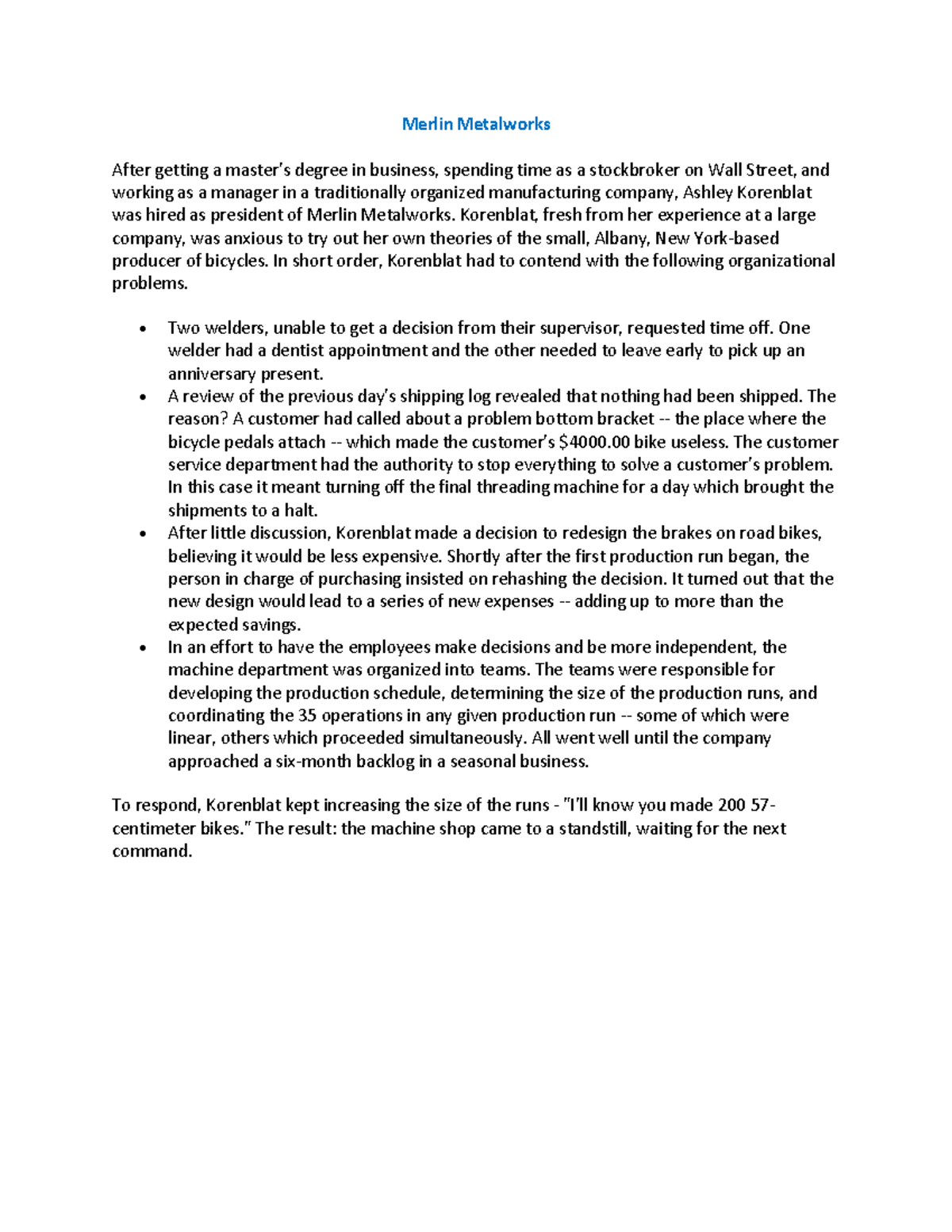 Merlin Metalworks Case Study: Organizational Challenges & Solutions ...