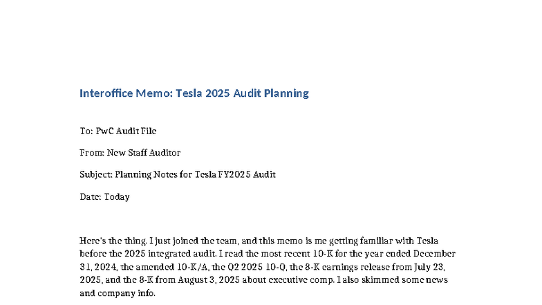Tesla FY2025 Audit Planning Memo: Key Risks & Considerations - Studocu