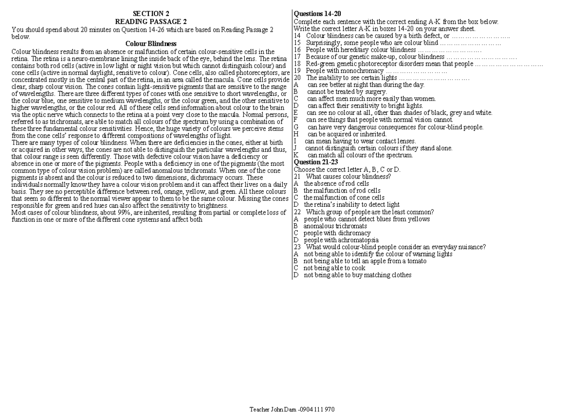 Colour Blindness (970) - Reading Passage 2 Questions - Studocu
