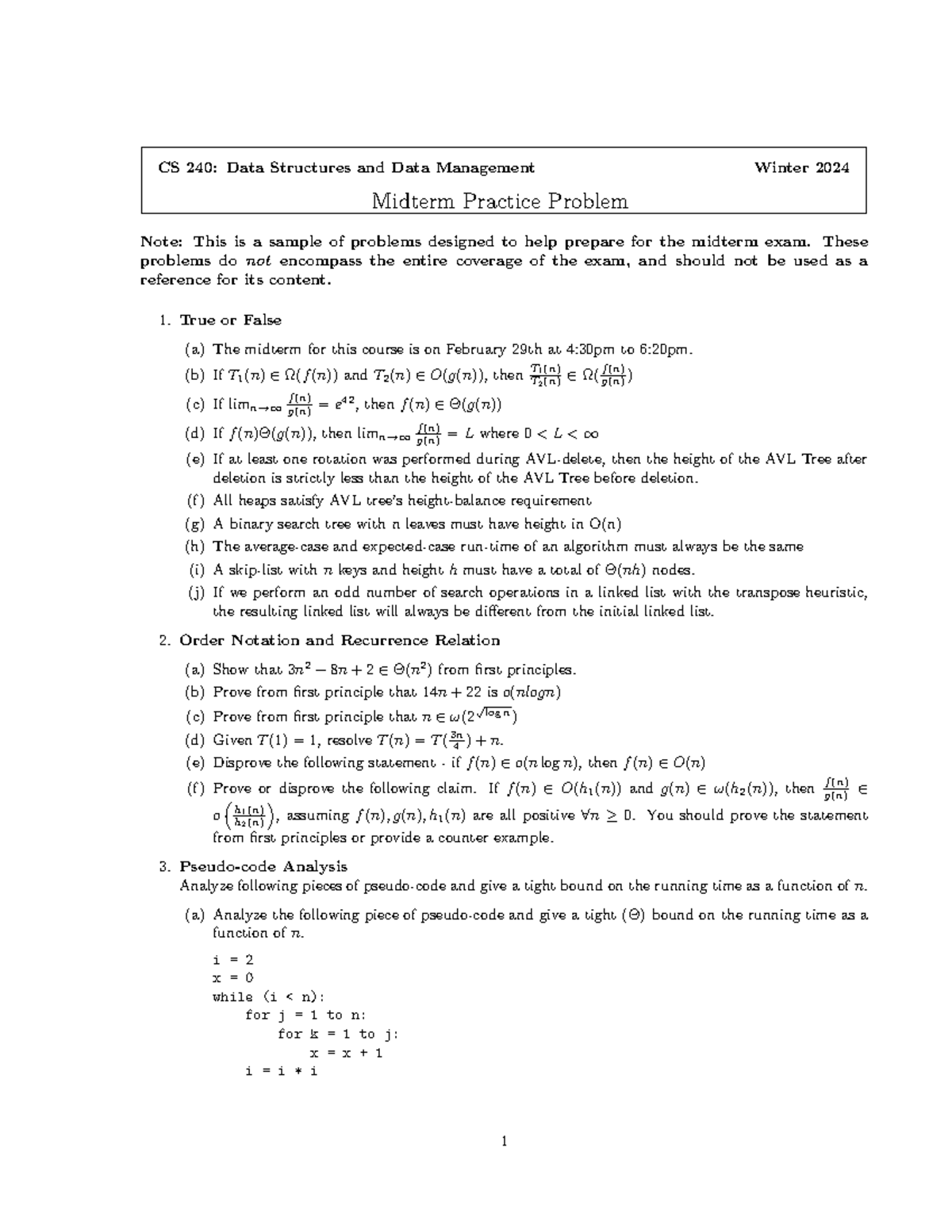 240 Midterm Review PDF - CS 240: Data Structures and Data Management Winter 2024 Midterm ...
