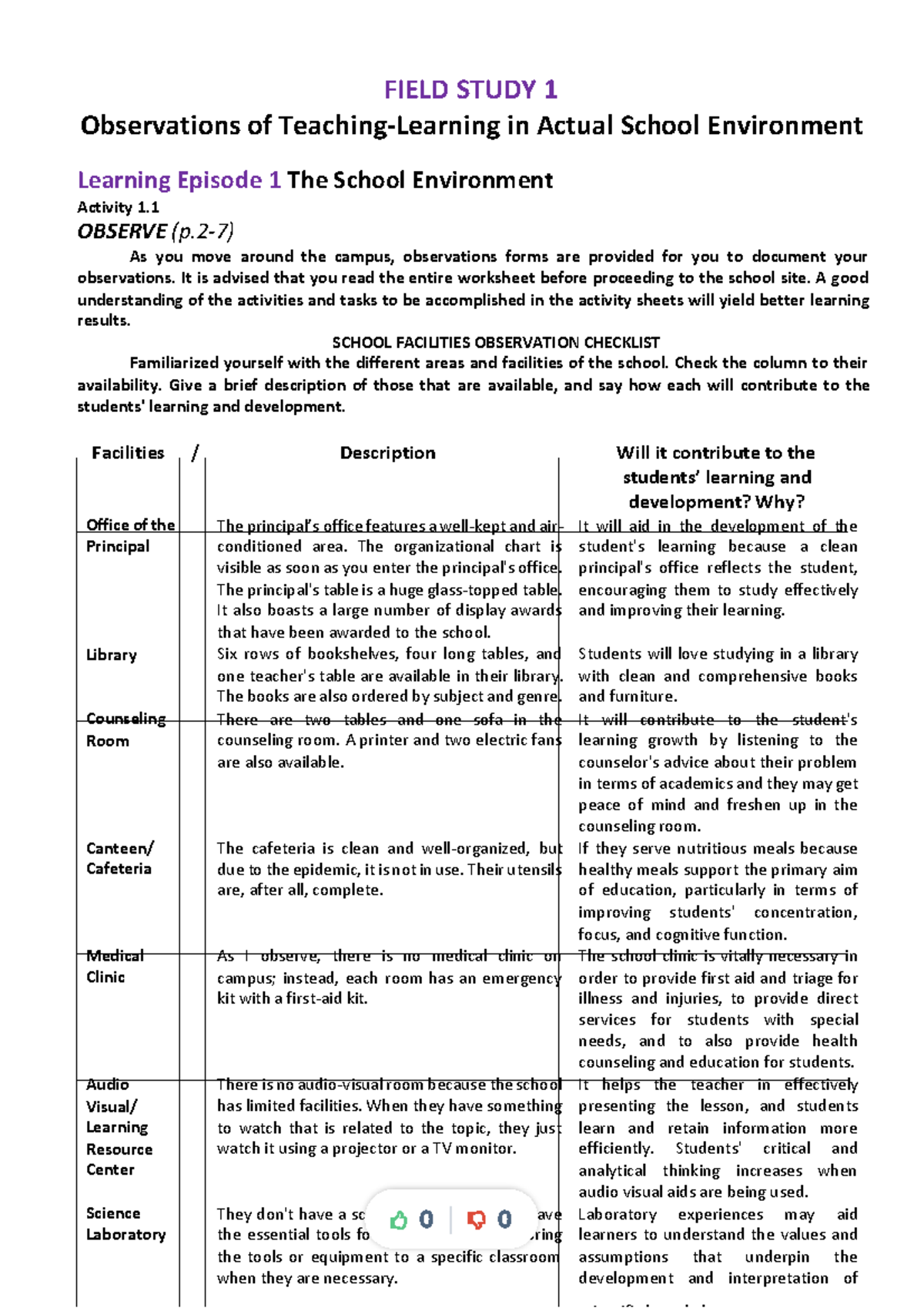FIELD STUDY 1: Observations of School Environment and Facilities - Studocu