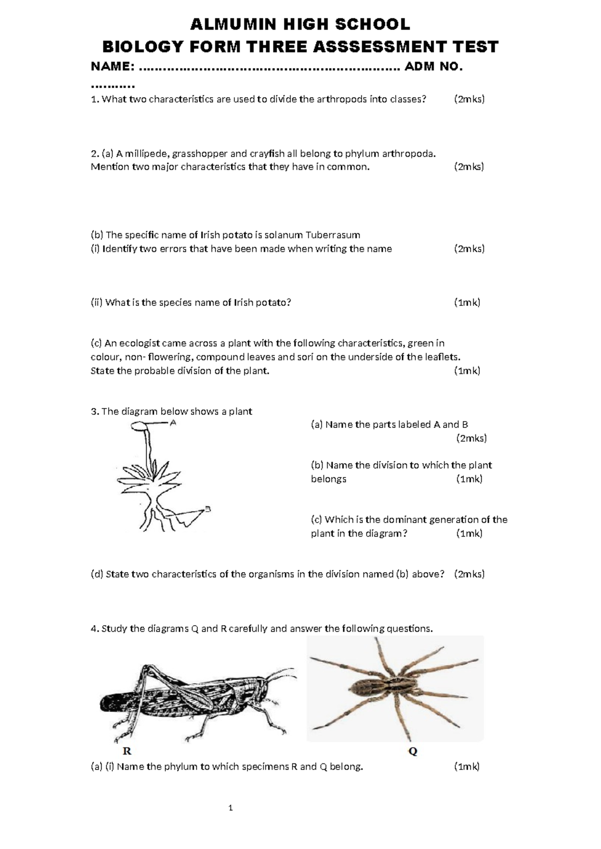 F3 Biology Test: Arthropods & Plant Characteristics Analysis - Studocu