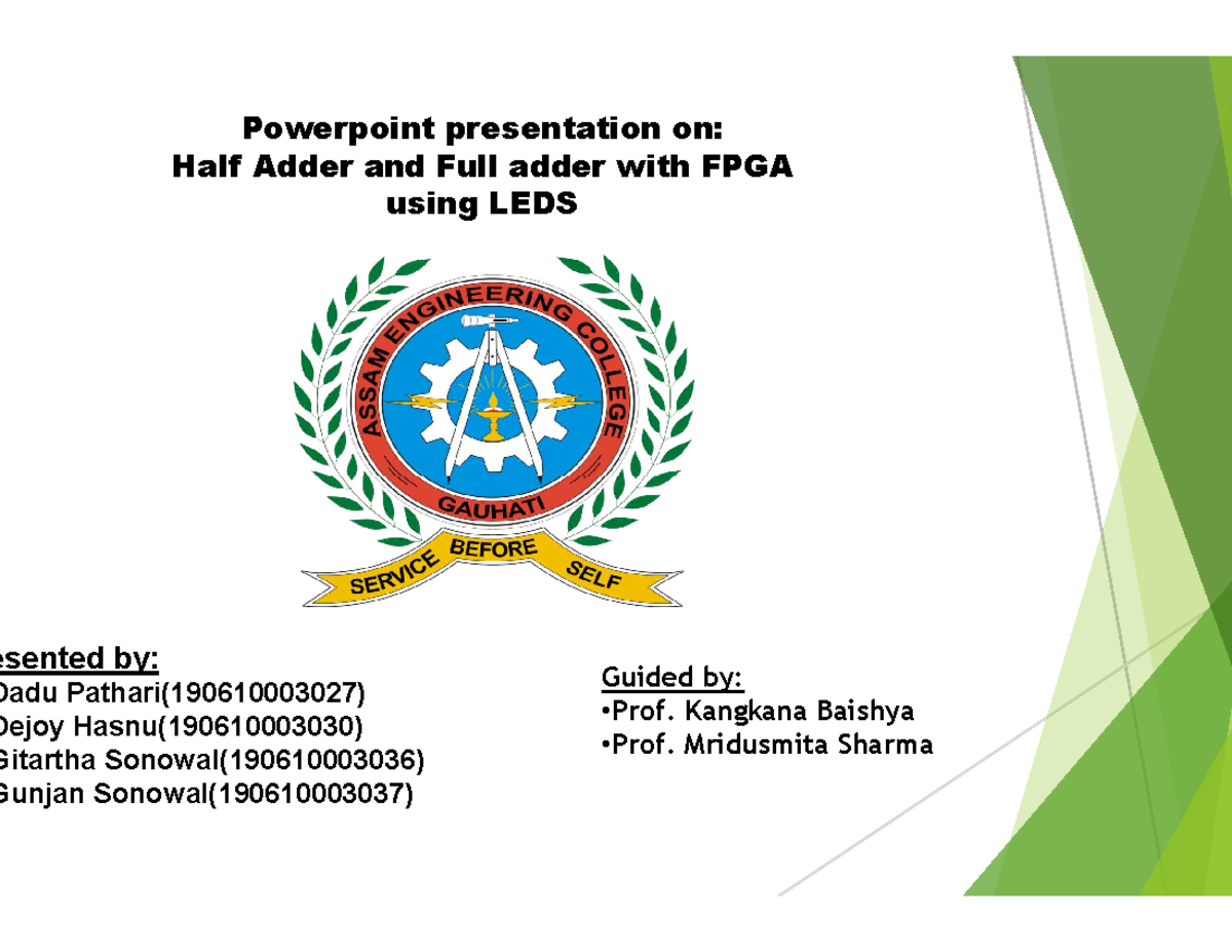 Electronics Design LAB Final PPT - Powerpoint presentation on: Half Adder and Full adder with ...