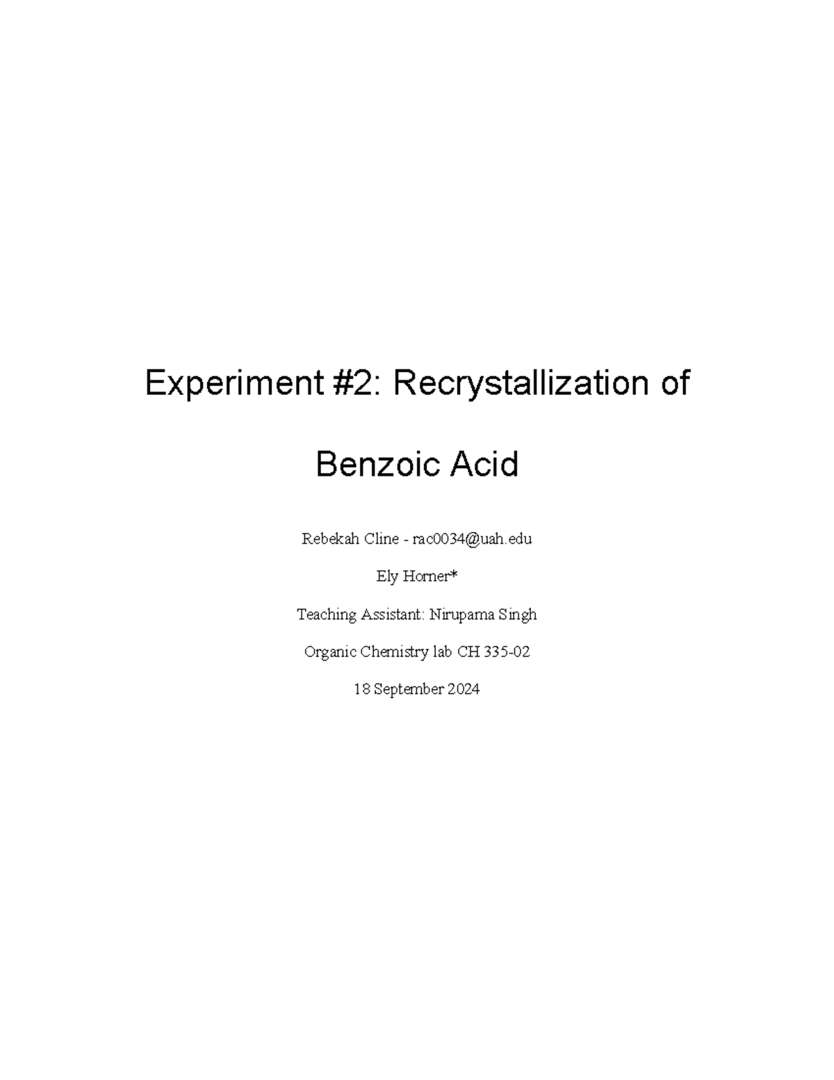 CH 335 Benzoic Acid Lab Report: Recrystallization & Purity Analysis ...