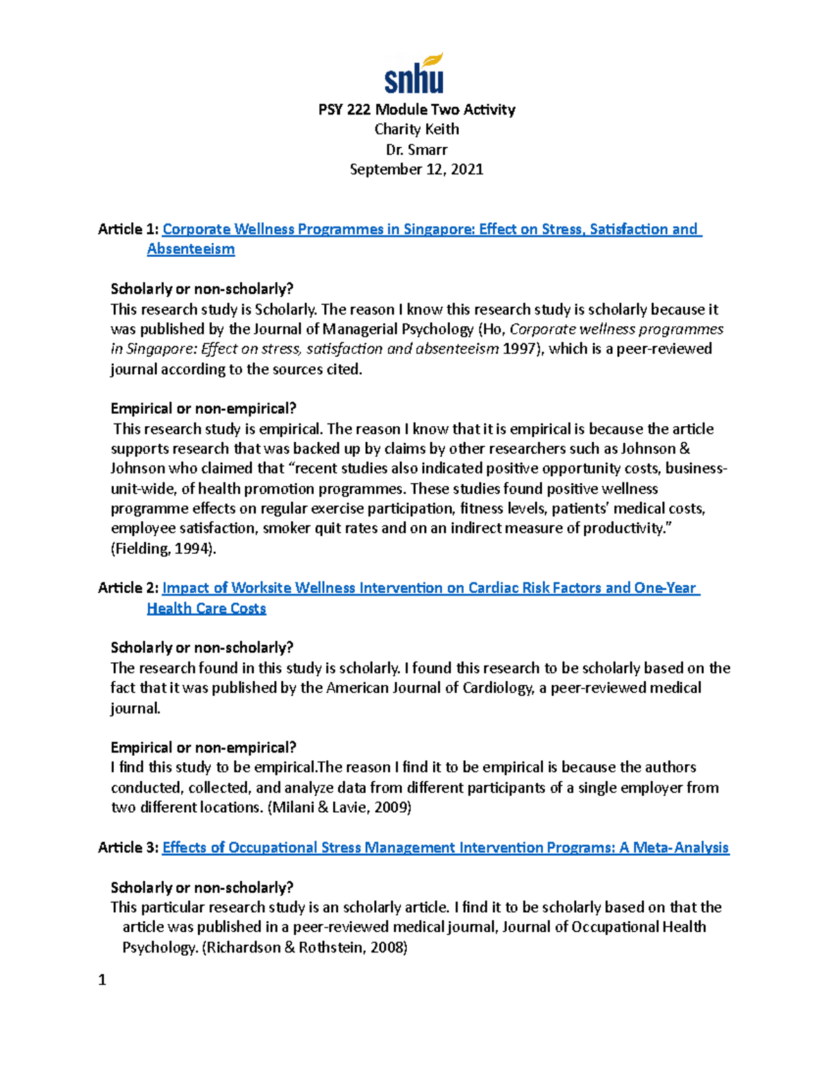 PSY222 Module Two Activity: Analyzing Workplace Wellness Research - Studocu