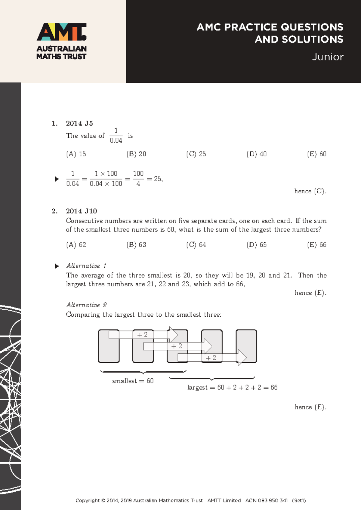 AMC Junior Practice Questions & Solutions 2014 - Set 1 - Studocu