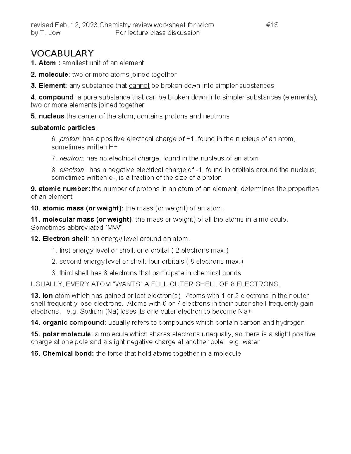 Chemistry Review Worksheet for Micro: Lecture Notes (Ch 2, Spring 2023 ...