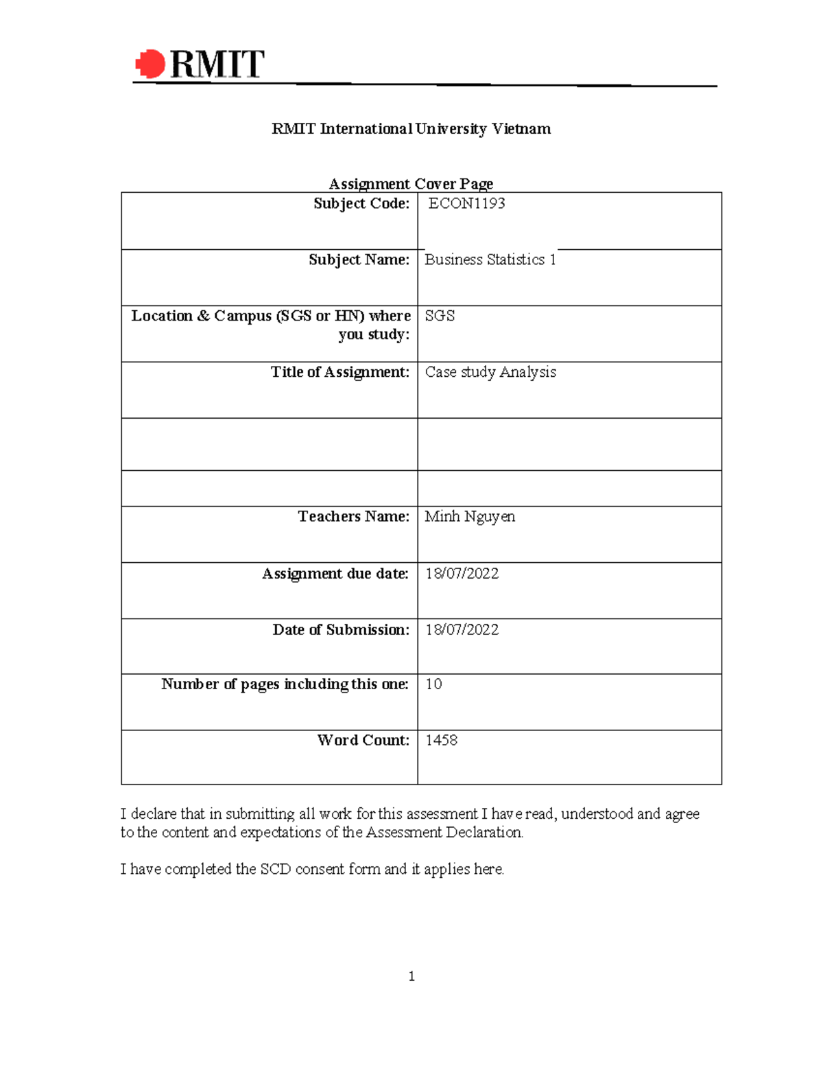 Bstat-ASM1 - 2-2 - sample - RMIT International University Vietnam ...