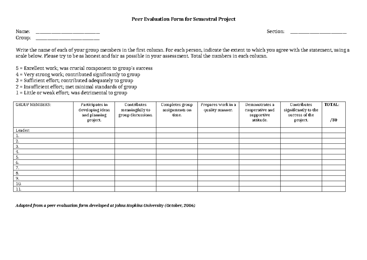 Peer-Evaluation-Form - Peer Evaluation Form for Semestral Project Name ...