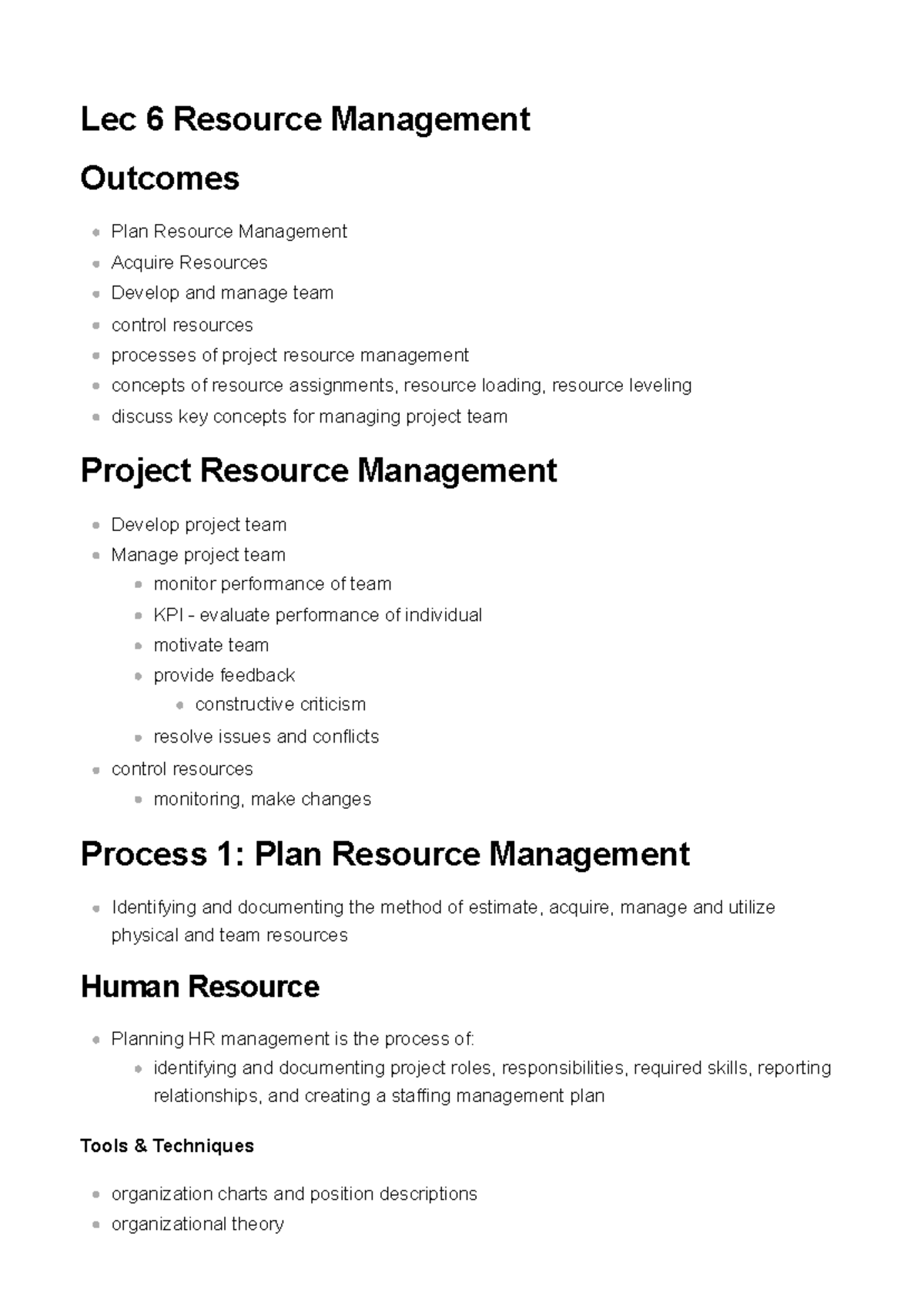 Lec 6: Resource Management Outcomes & Team Development Strategies - Studocu