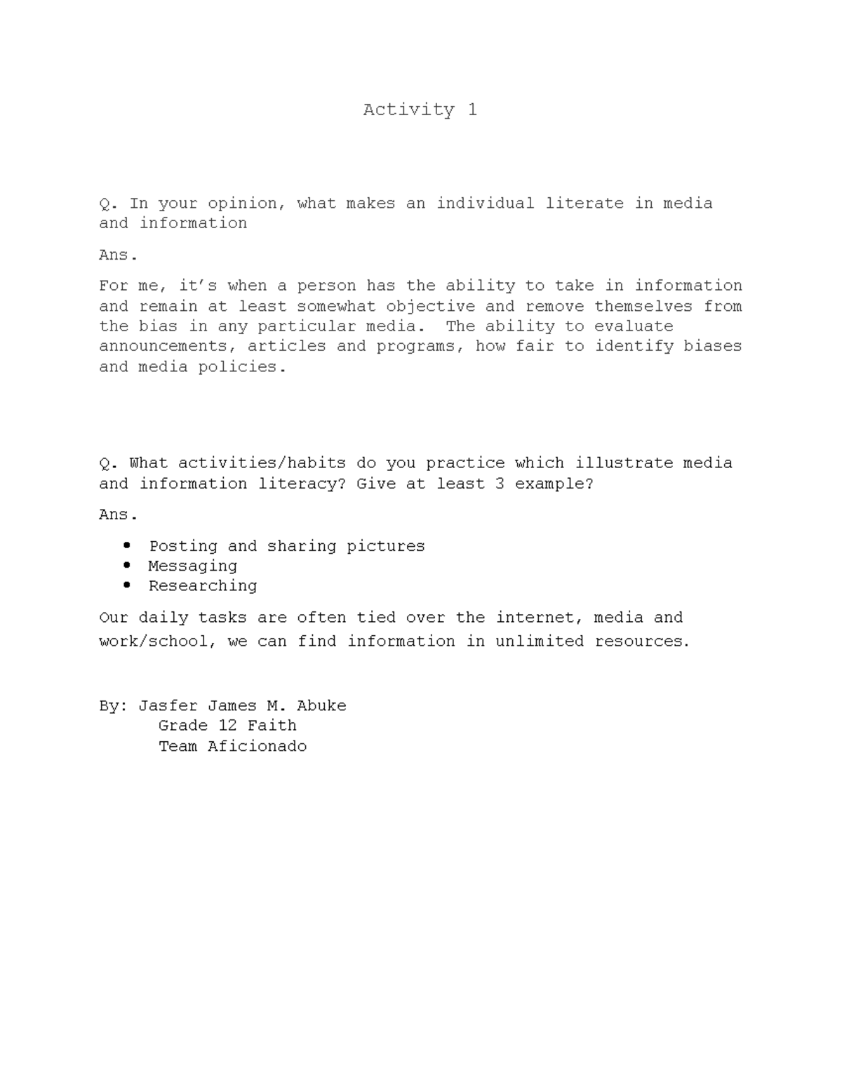 Grade 12 Activity 1: Exploring Media Literacy and Its Impact - Studocu