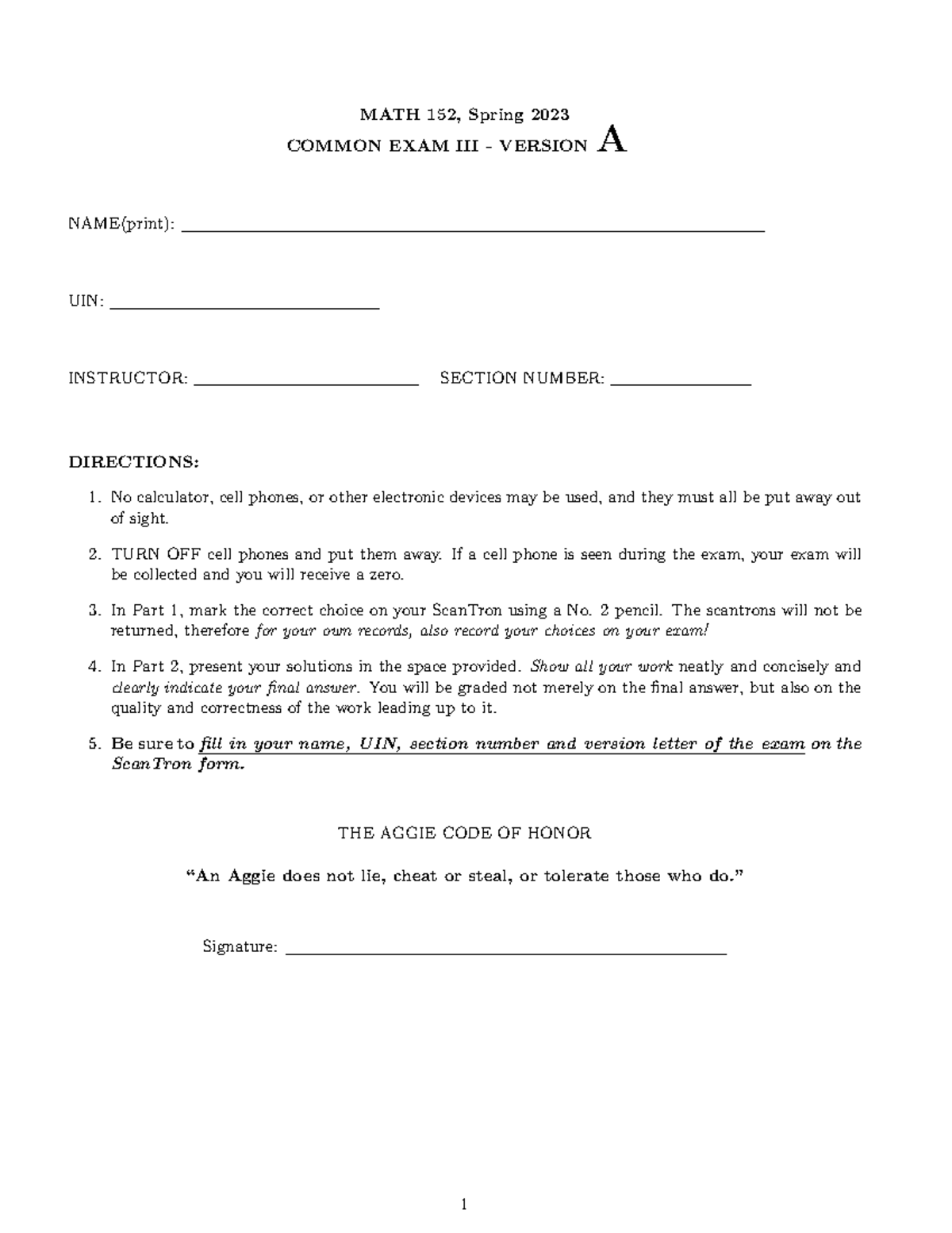 MATH 152 Spring 2023 Common Exam Version A - Studocu