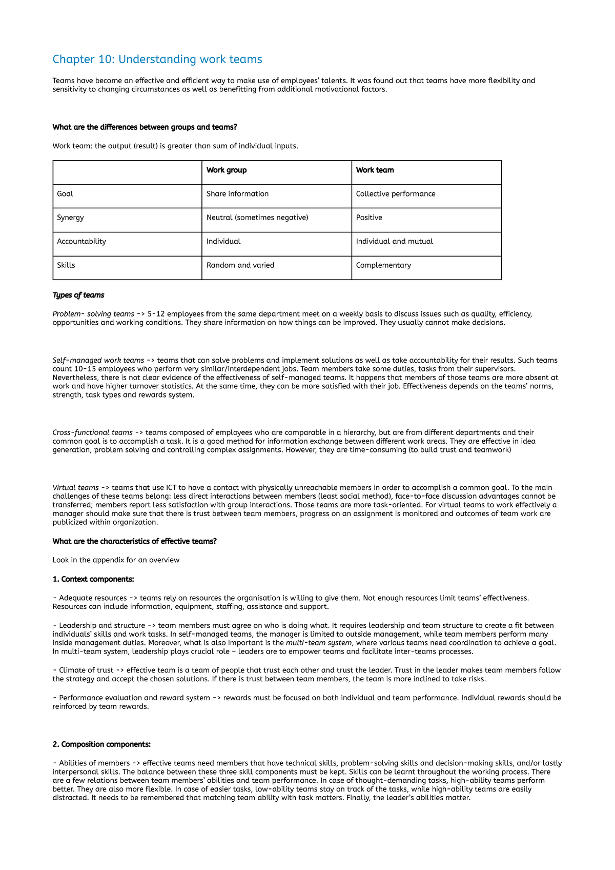 OB Summary Note Ch10: Understanding work teams for midterm exam - Studocu