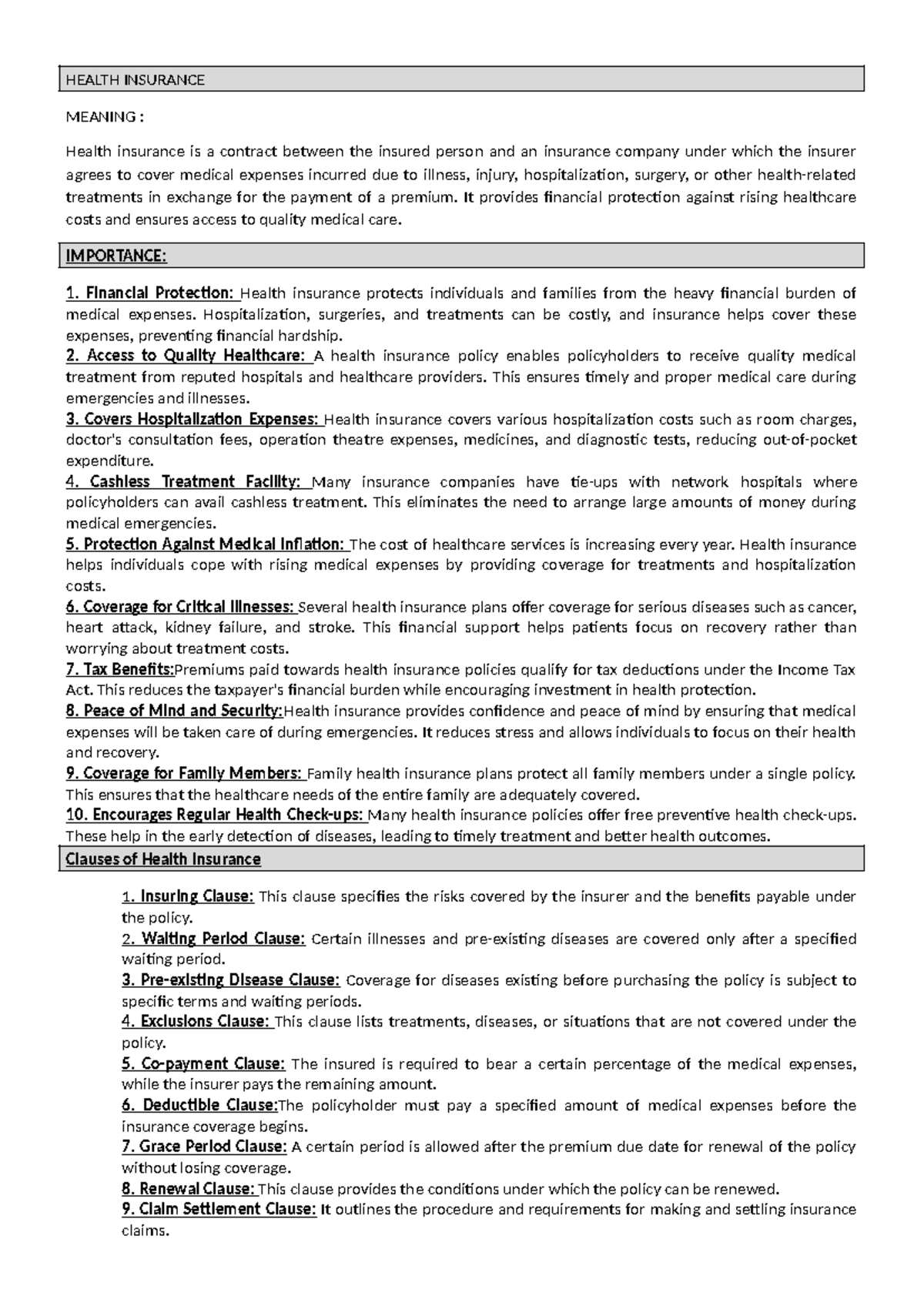 Focii Module II Remaining Notes on Health Insurance and Types of ...