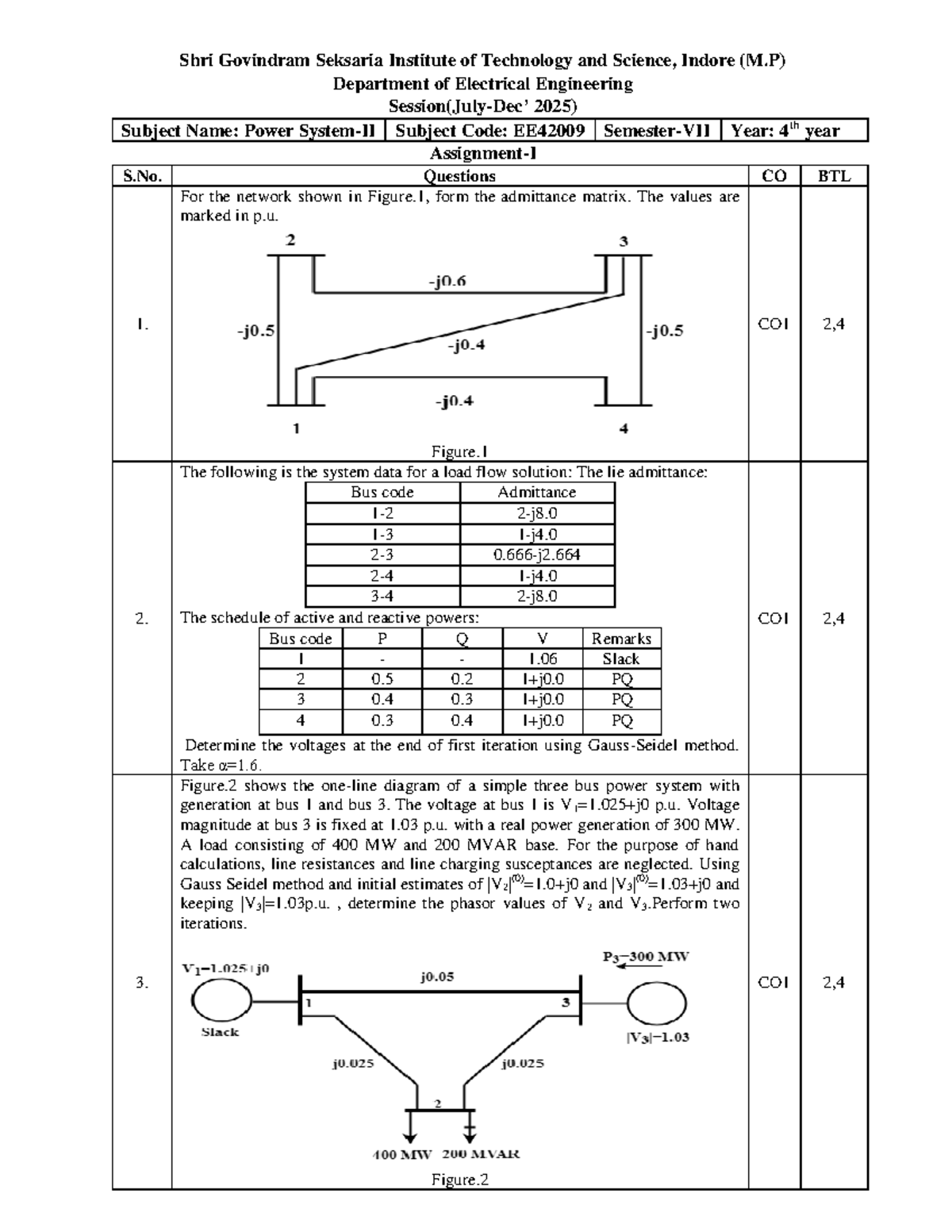 EE42009 - Power Assignment 1: Admittance Matrix & Load Flow Analysis ...