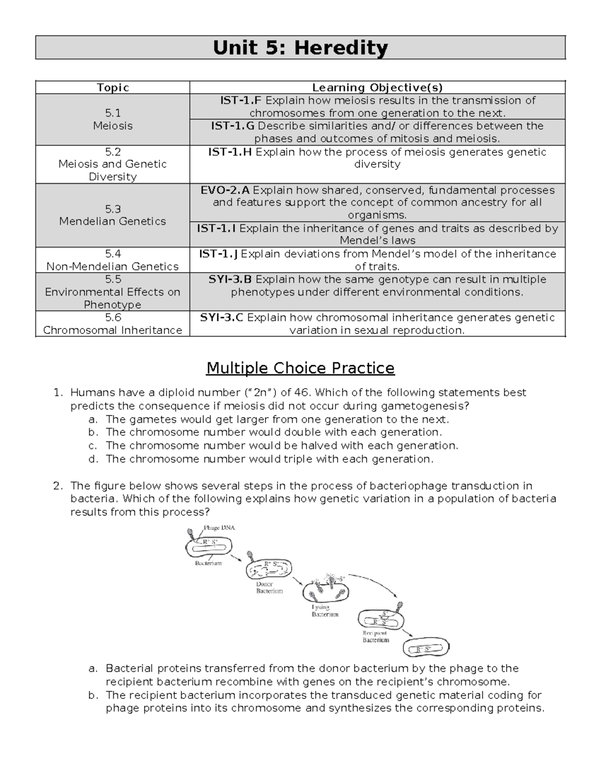 IST-5 Unit 5: Heredity Multiple Choice Practice Questions and Key - Studocu