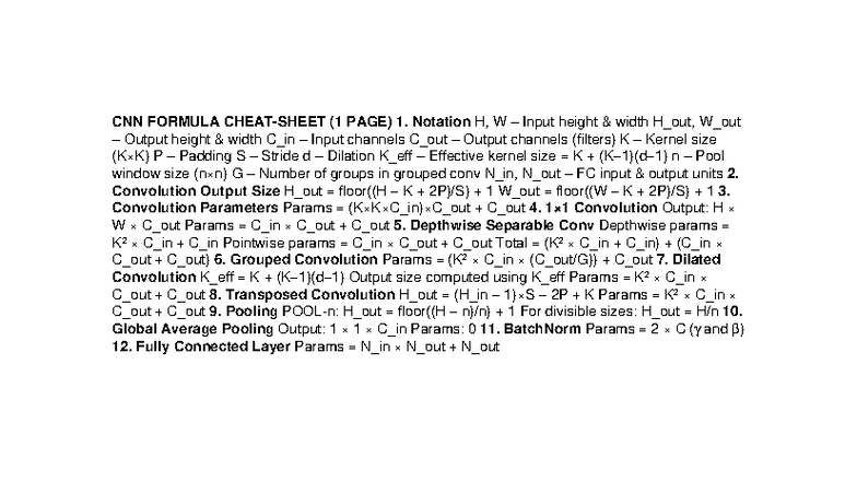 CNN Cheat Sheet: Key Formulas & Parameters for Convolutional Networks ...
