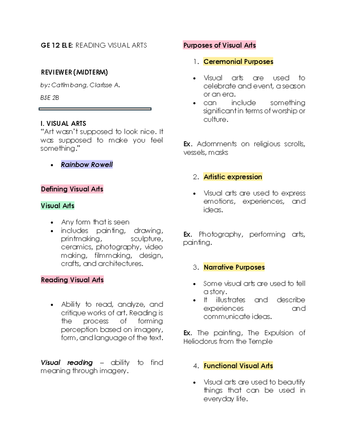 GE 12 ELE - Reading Visual Arts Midterm Reviewer Notes by Catimbang ...