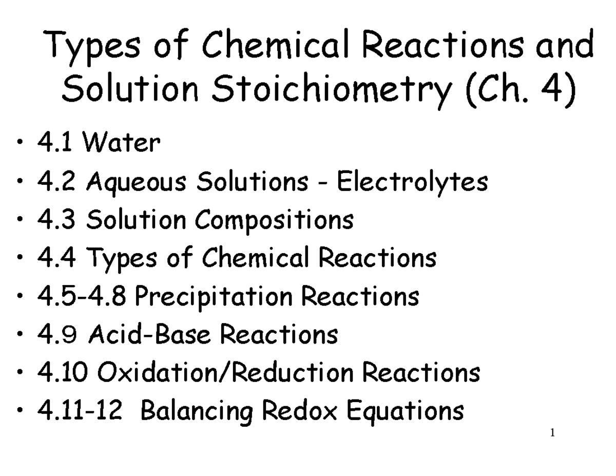 Chemical Reactions and Redox Balance: Ch. 4 Overview (Chem 101) - Types ...