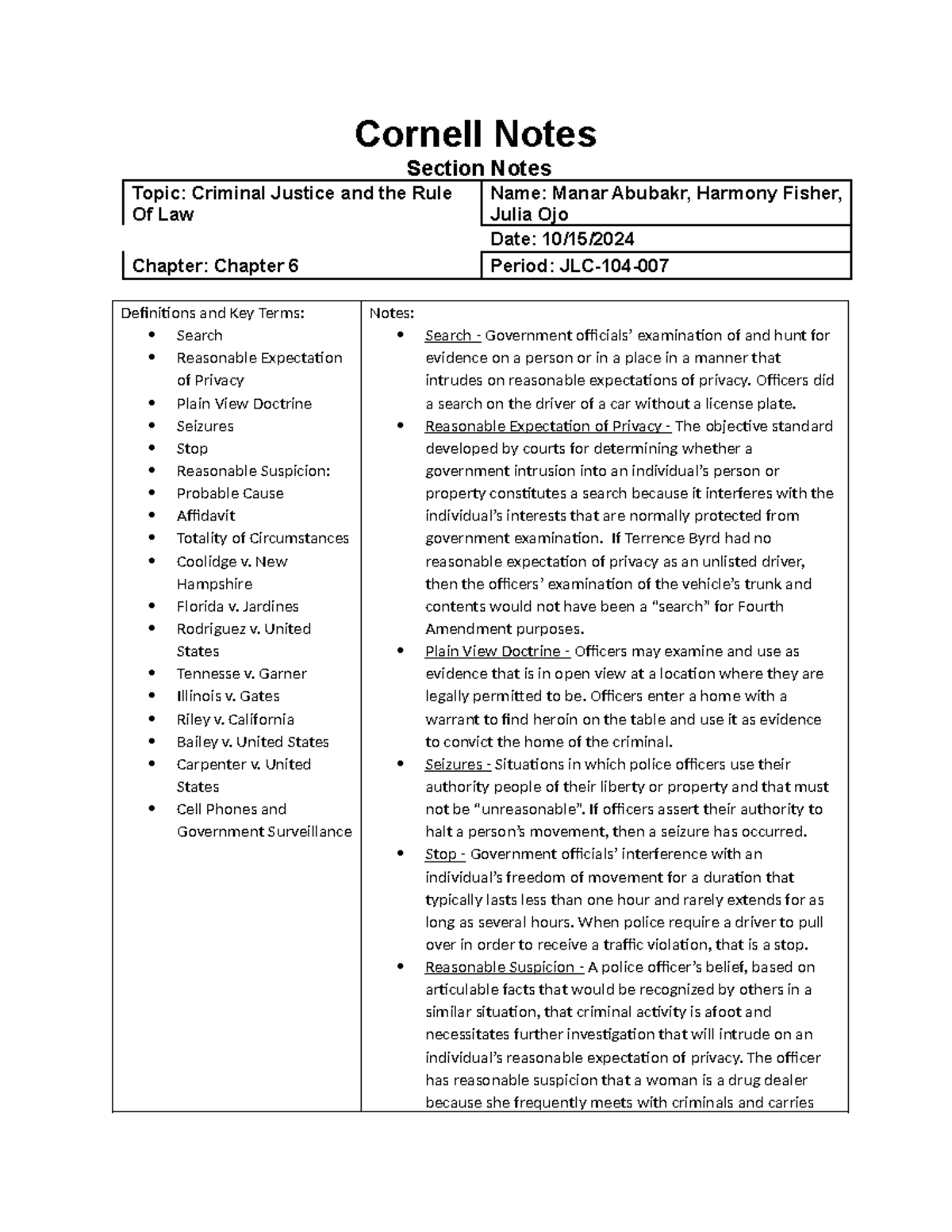 Cornell Notes - Chapter 6 - Cornell Notes Section Notes Topic: Criminal ...