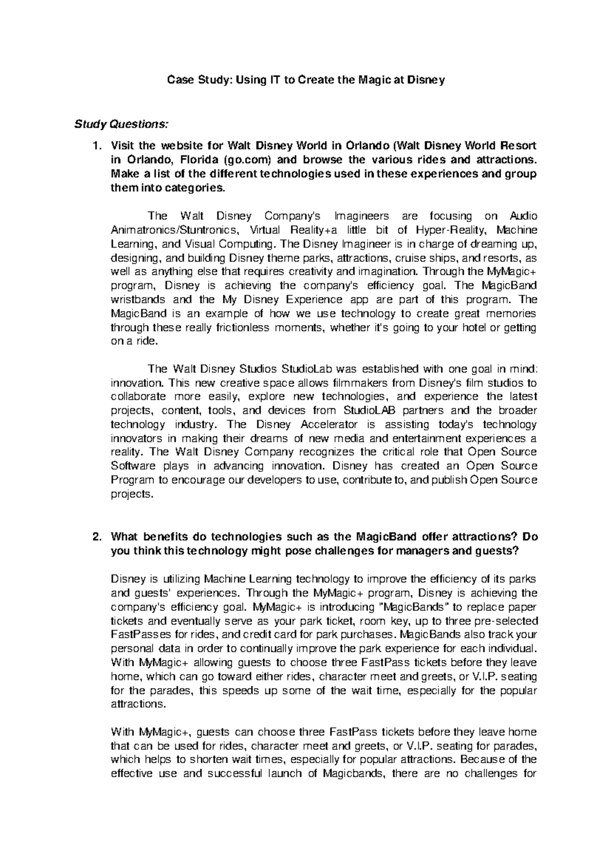 Case Study - Analyzing IT Innovations at Disney (CASE101) - Studocu