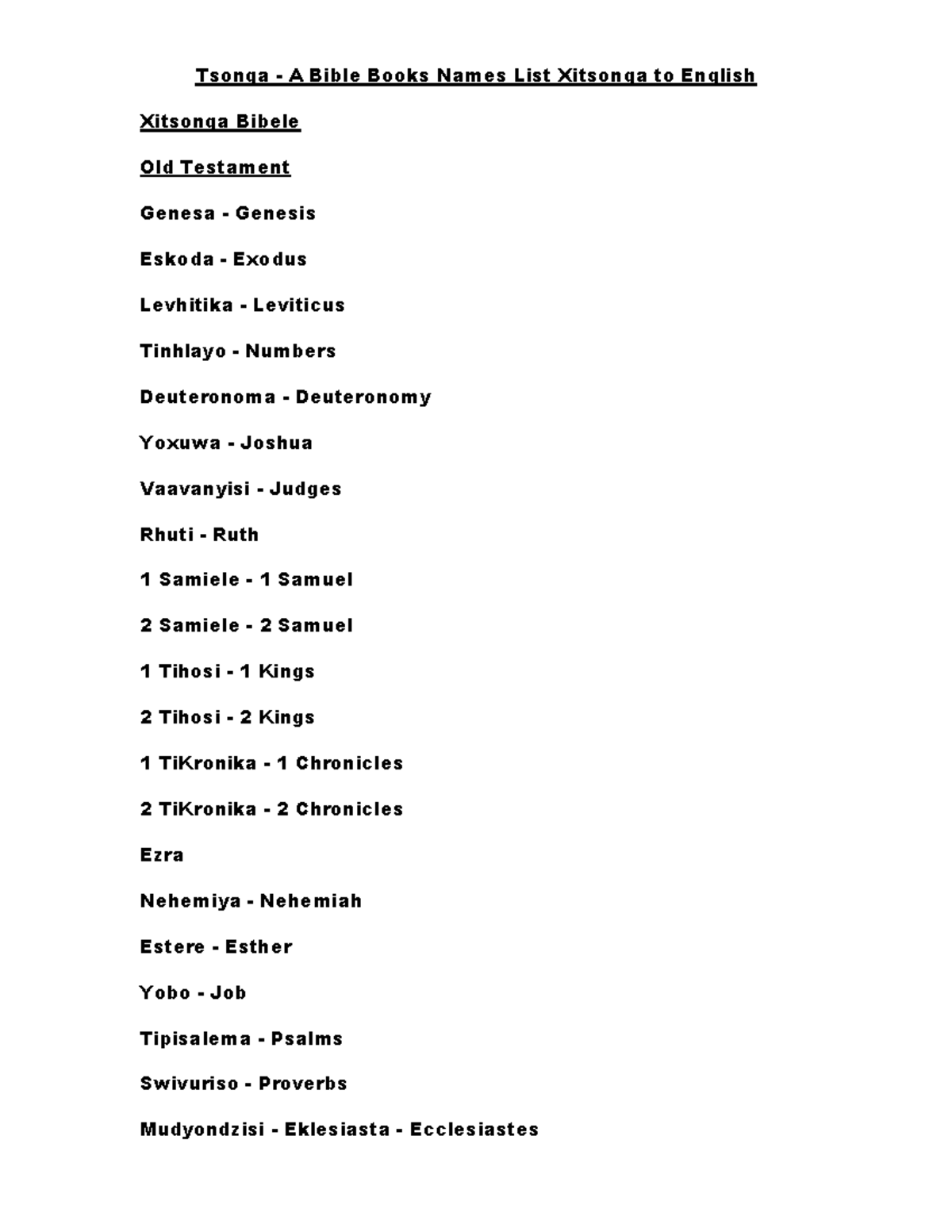 Tsonga Bible Book Names List: Xitsonga to English Translation - Studocu