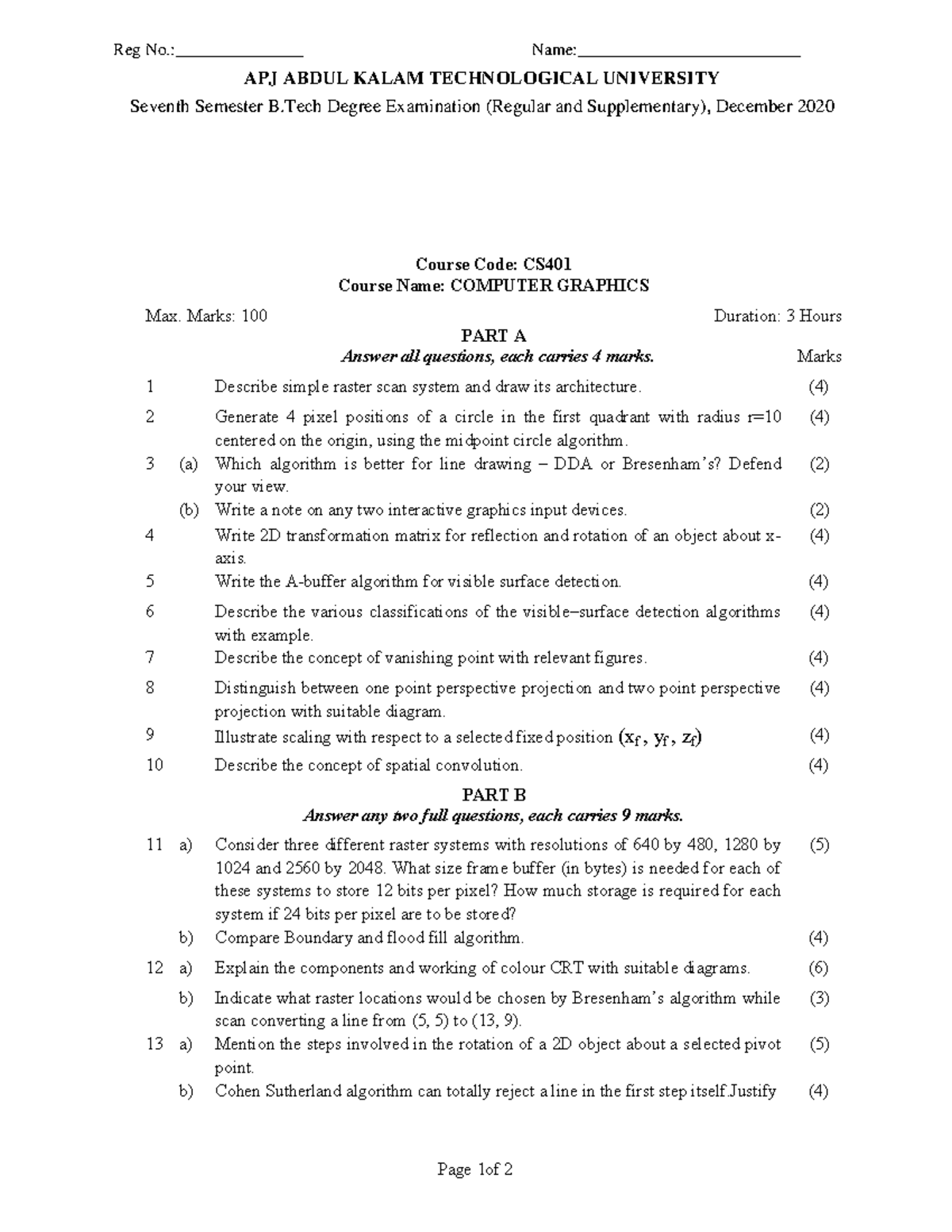 CS401 - Computer Graphics Dec 2020 Exam Question Paper - Studocu