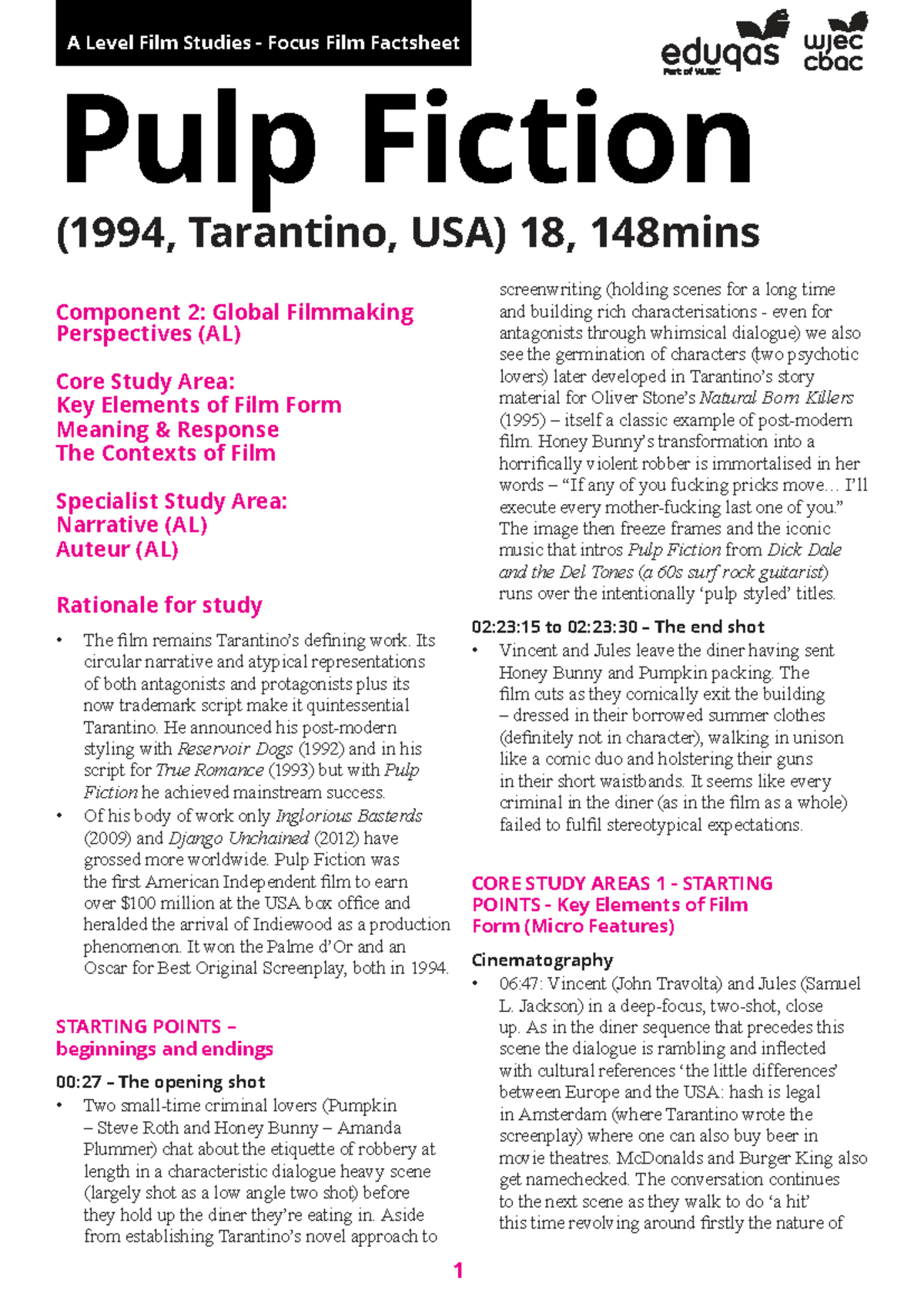 A Level Film Studies Focus: Pulp Fiction (1994) Fact Sheet Analysis ...