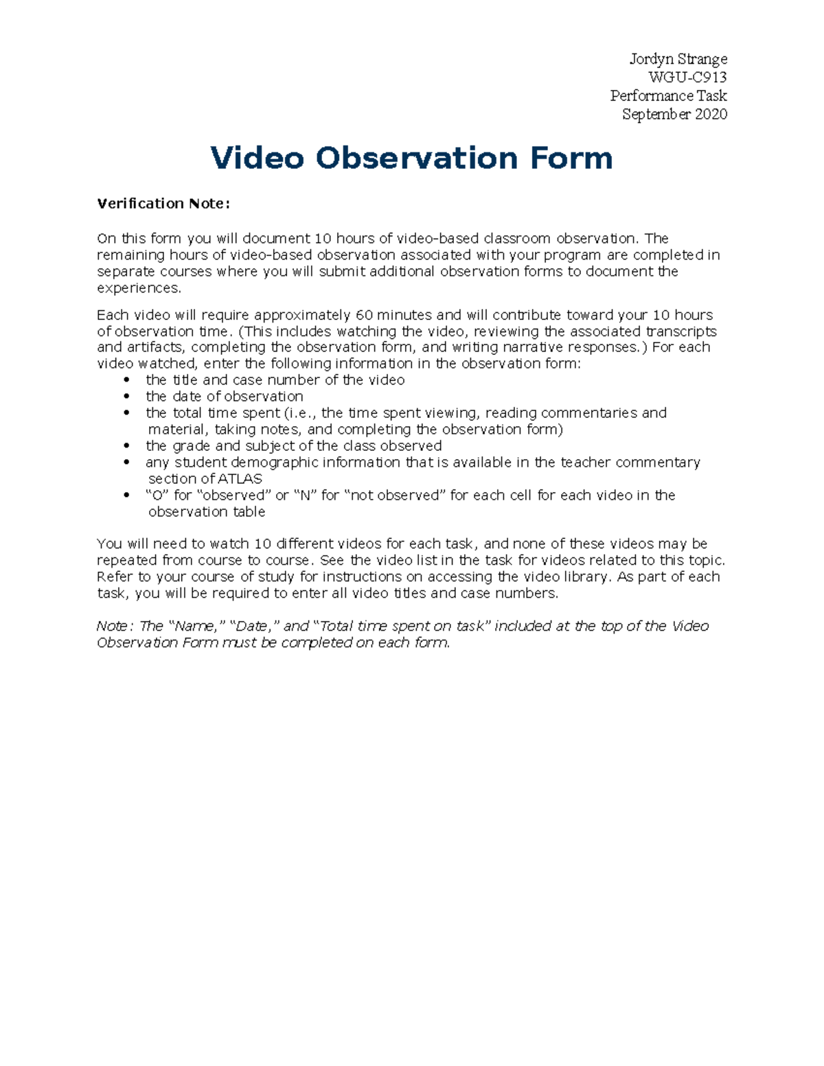 Introduction to Preclinical Video Observation Form (1) C913 - WGU-C ...