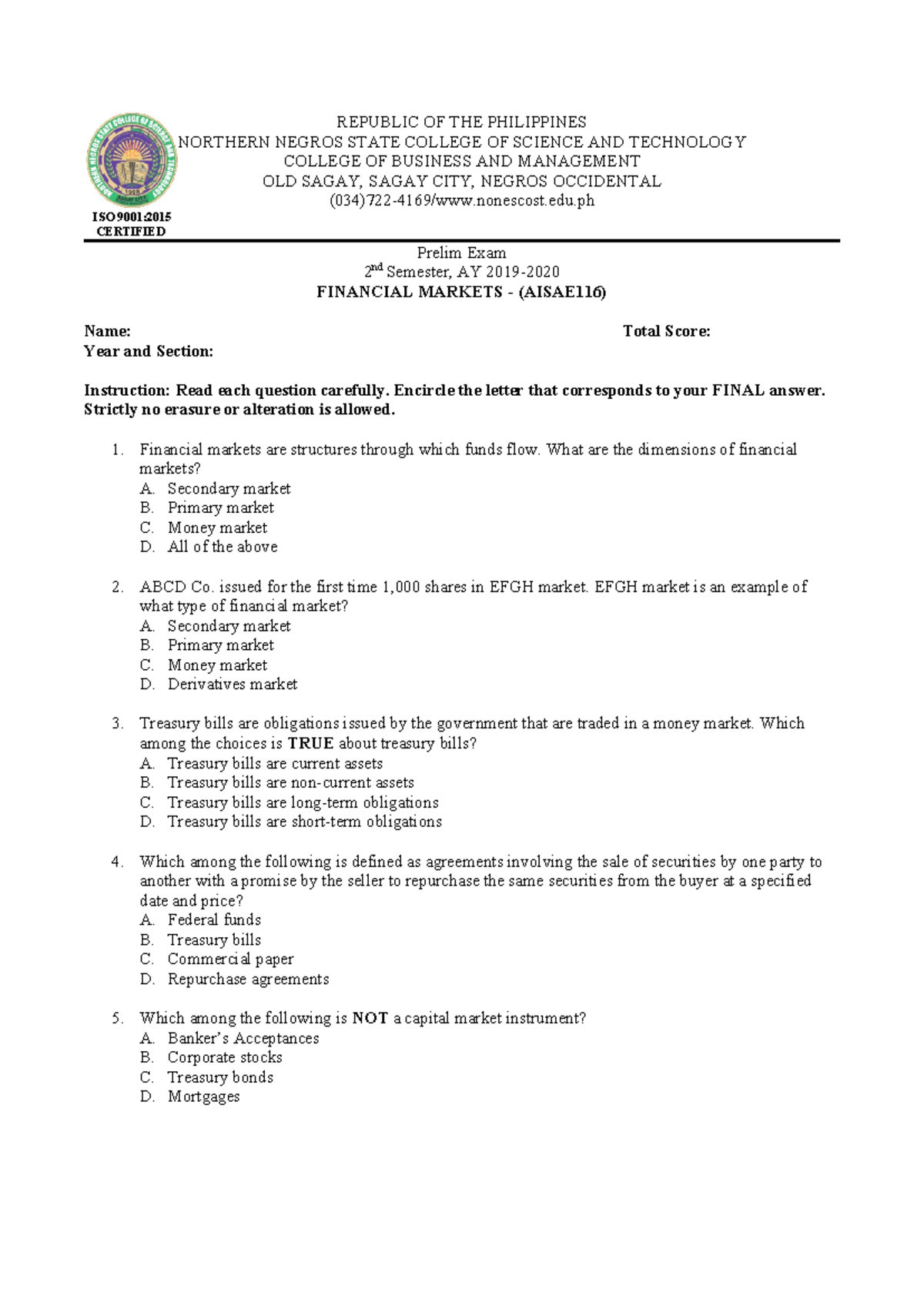 Financial Markets Prelim Exam Notes (AISAE116) - Studocu