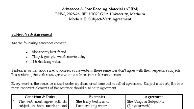 Subject-Verb Agreement Guidelines (APRM) BELH0020 GLA University - Studocu