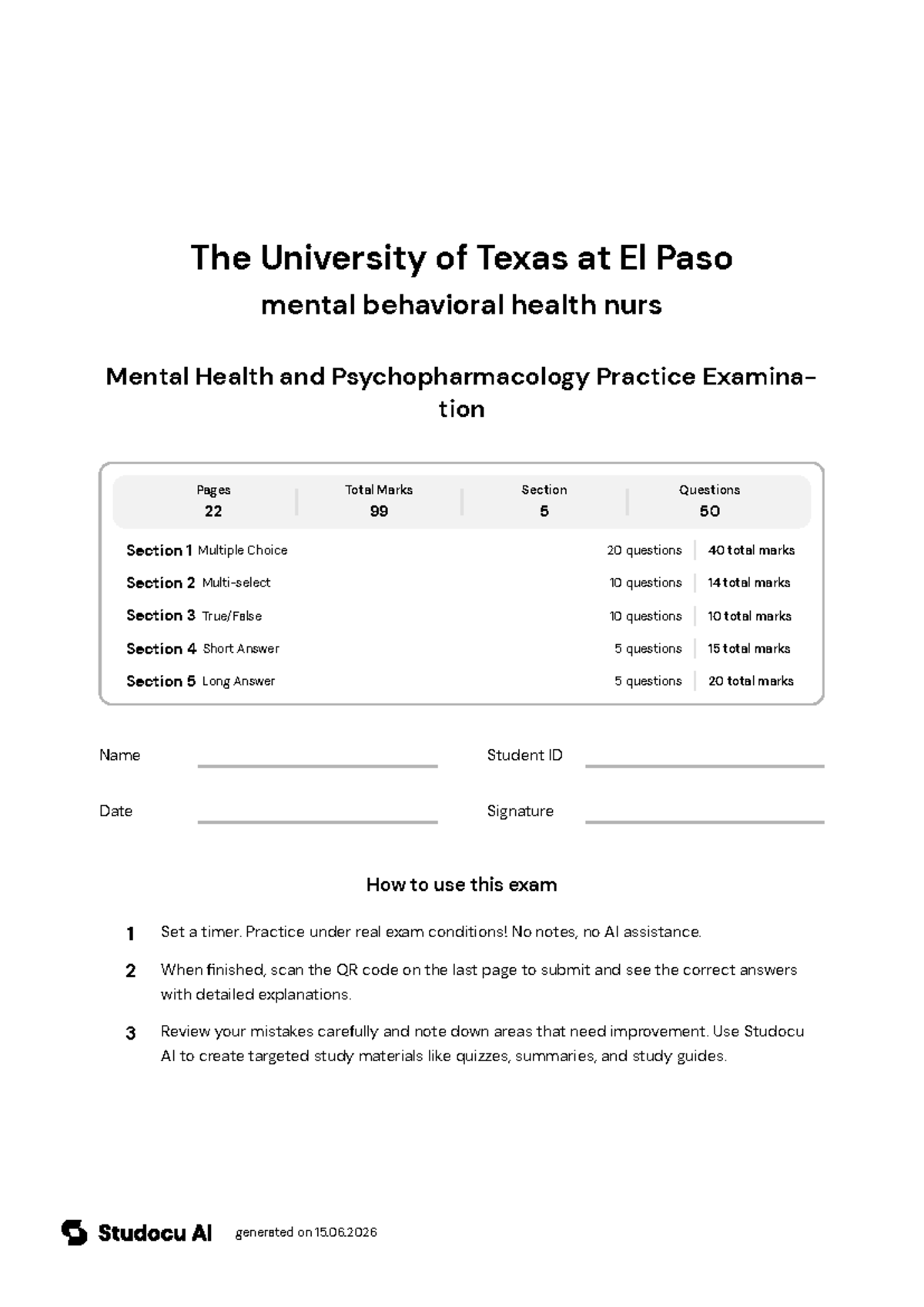 Mental Health and Psychopharmacology Practice Exam - Studocu