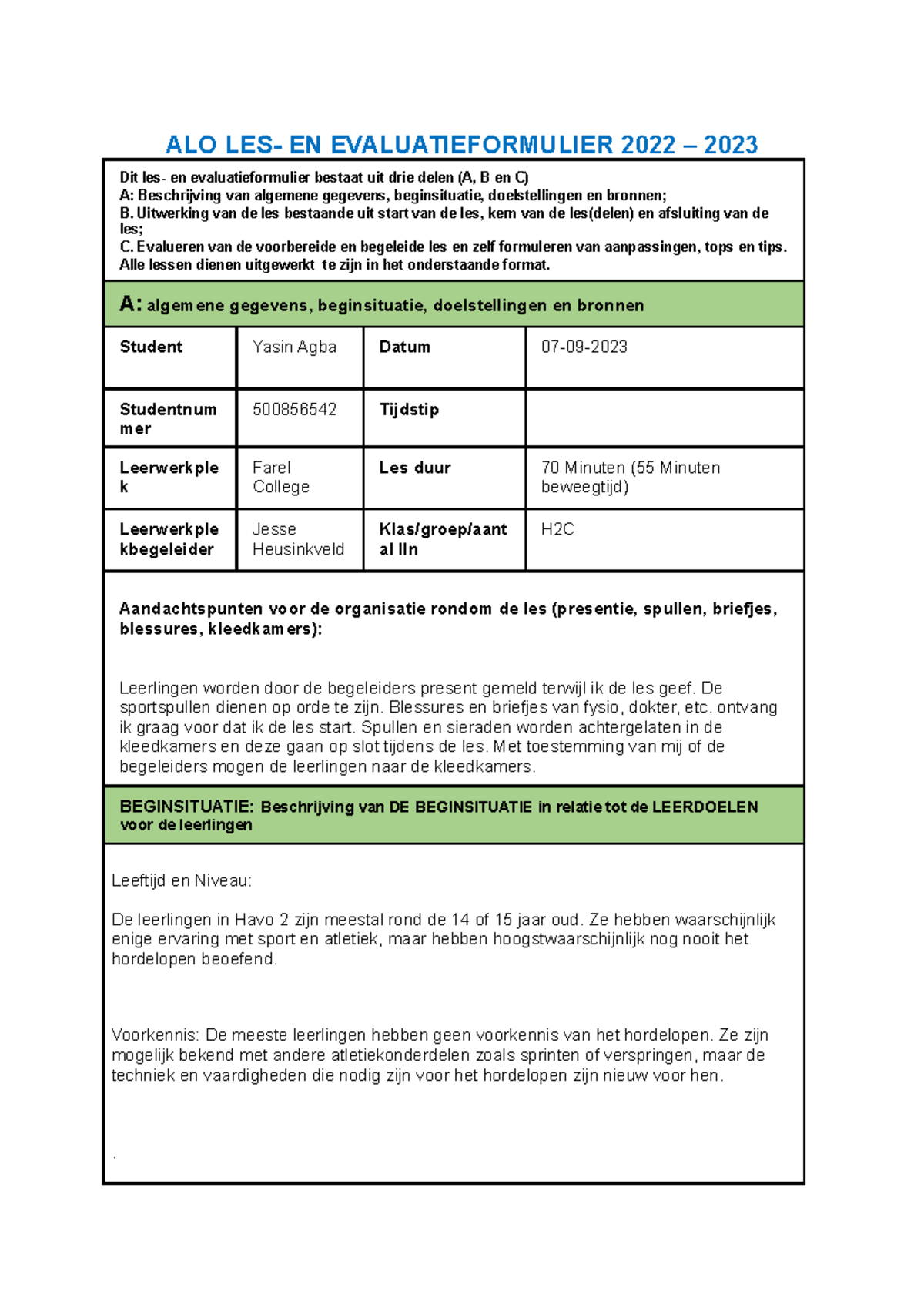 Hordelopen Evaluatieformulier ALO 2022-2023: Les en Leerdoelen ...