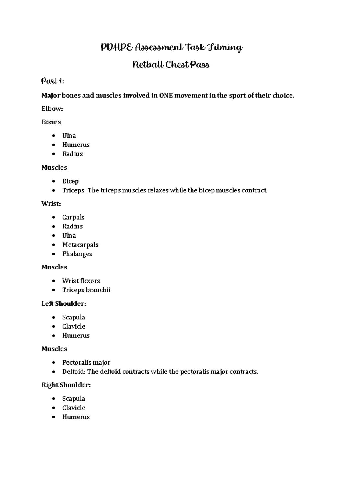 PDHPE Assessment Task: Netball Chest Pass Anatomy Analysis - Studocu