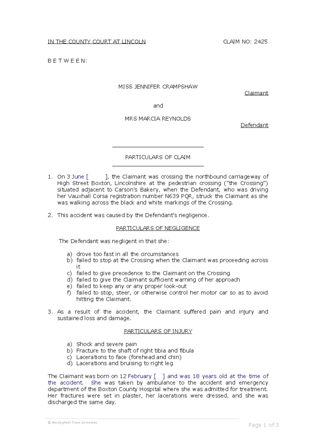 Drafting 6 Part B - Claim No: 2425 - Miss Crampshaw v. Mrs Reynolds ...